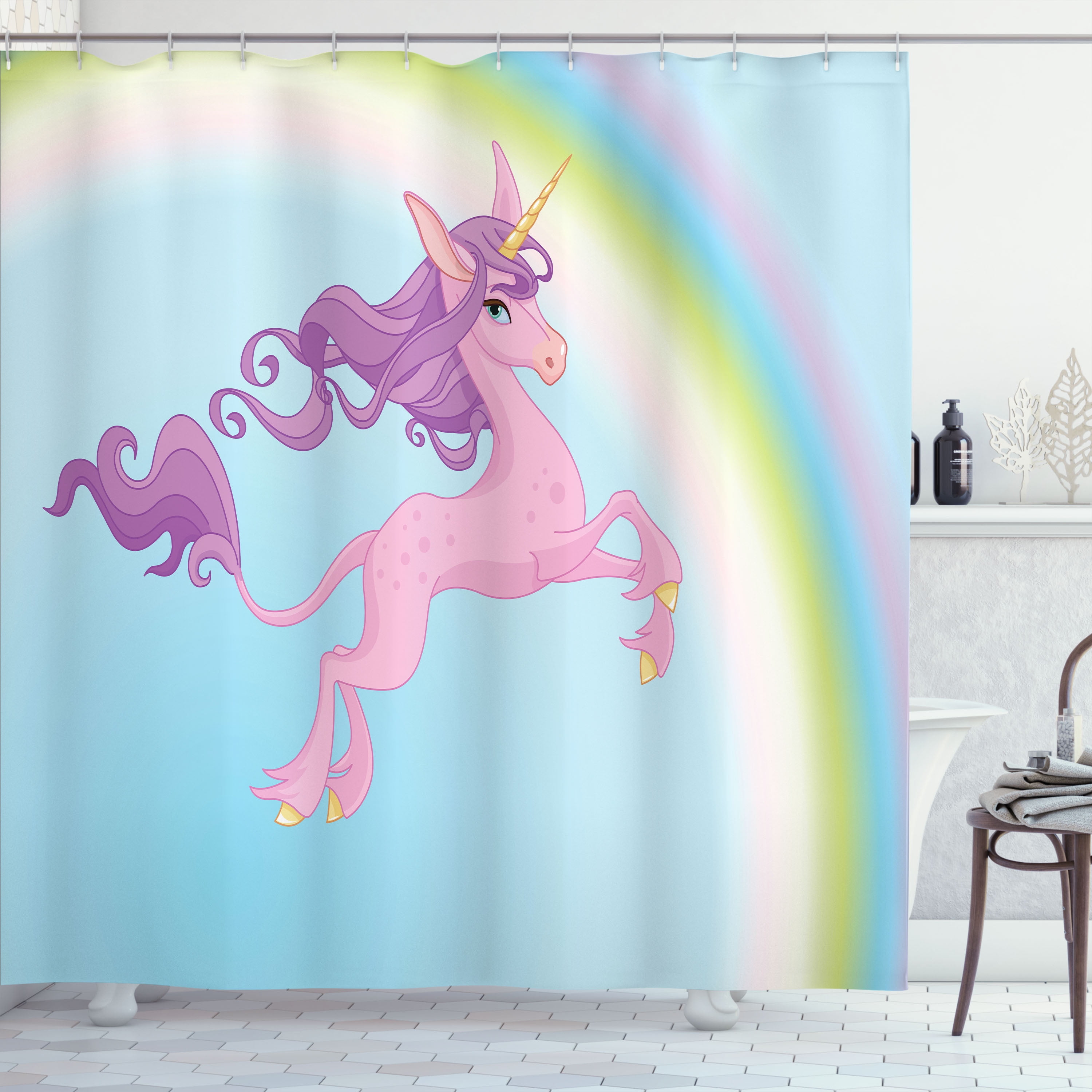 Ambesonne Cartoon Shower Curtain, Unicorn and Pastel Rainbow, 69"Wx75"L, Pale Blue Multicolor ...