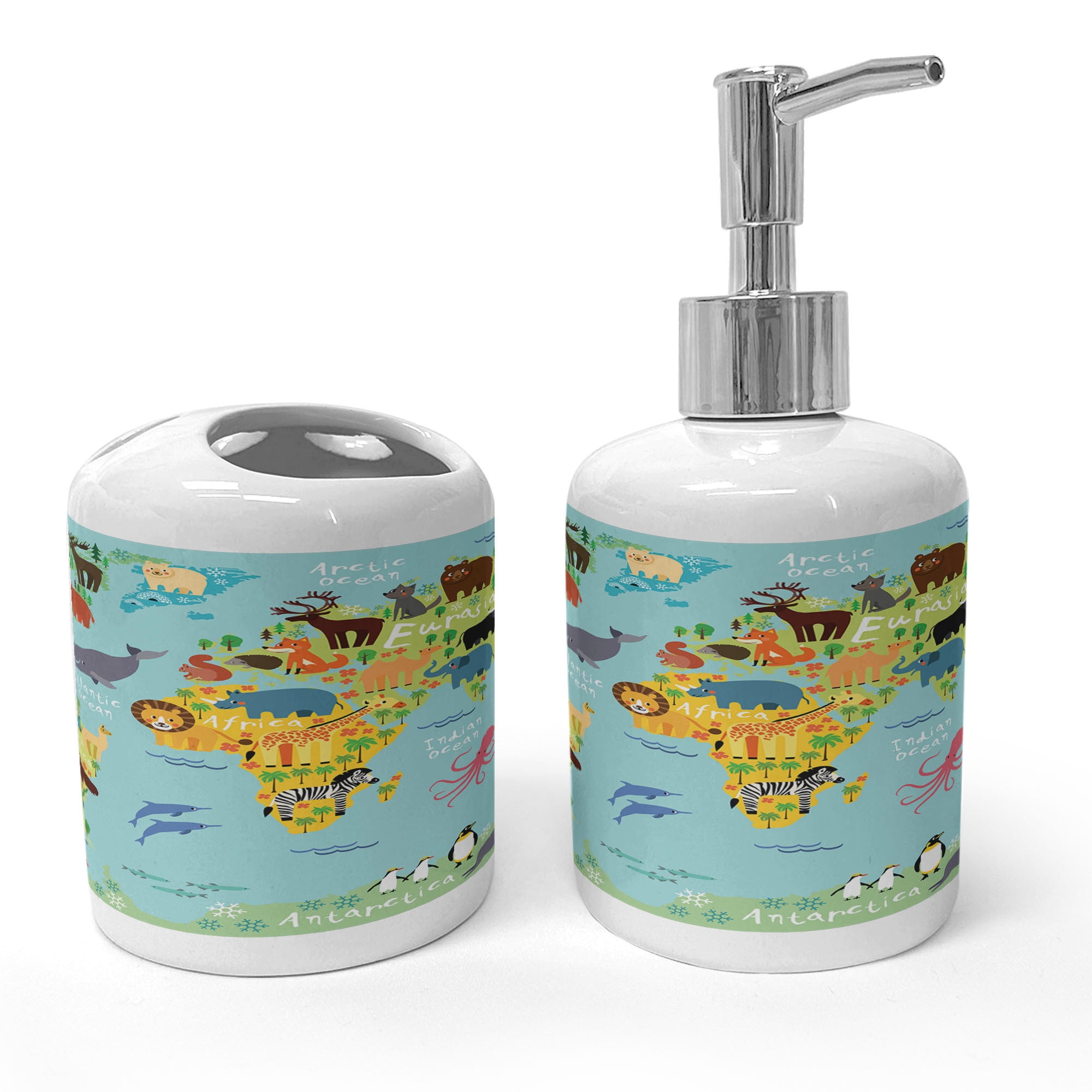 Ambesonne Cartoon Soap Dispenser & Toothbrush Holder Set, Animal Map of ...