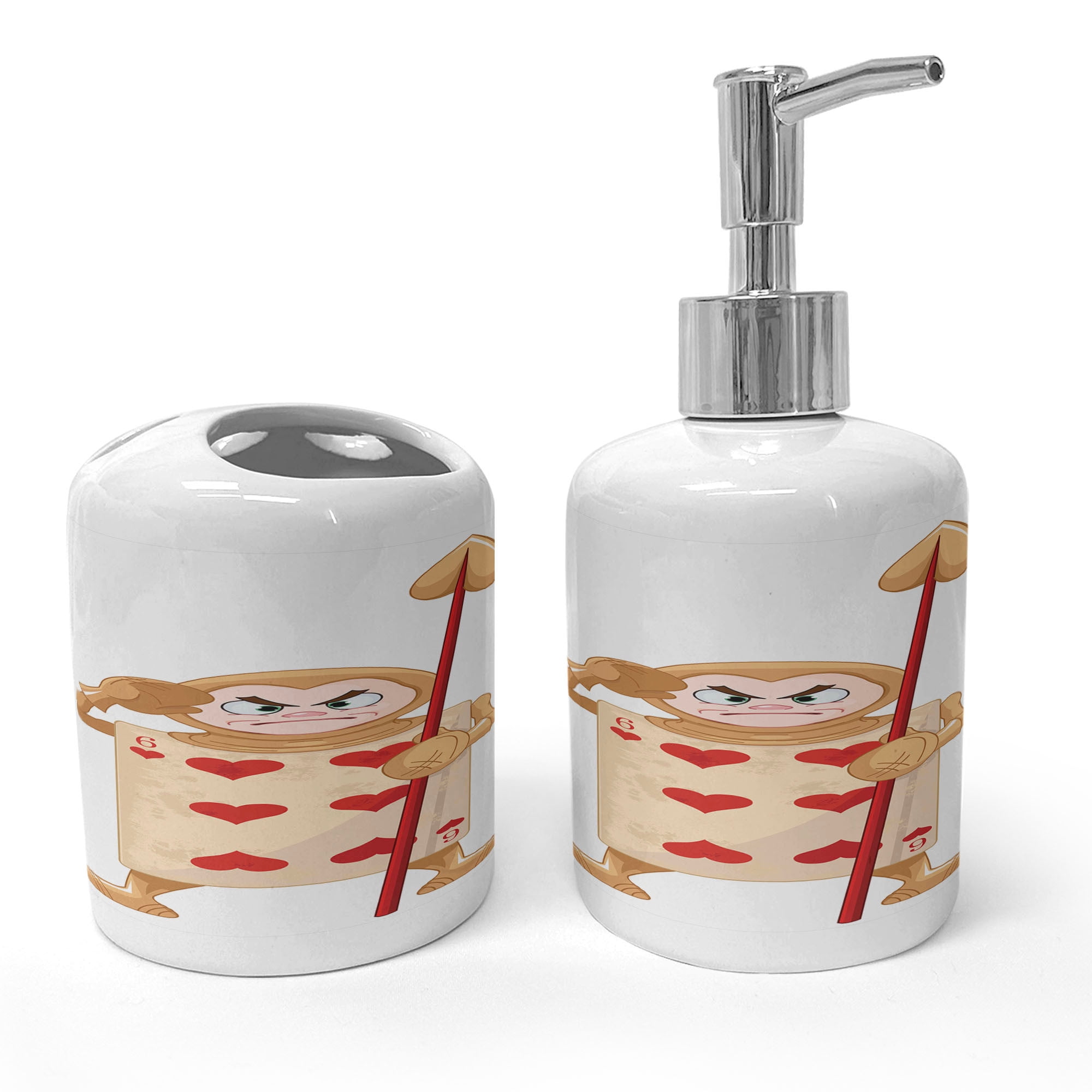 Ambesonne Cartoon Soap Dispenser & Toothbrush Holder Set, Playing Card ...