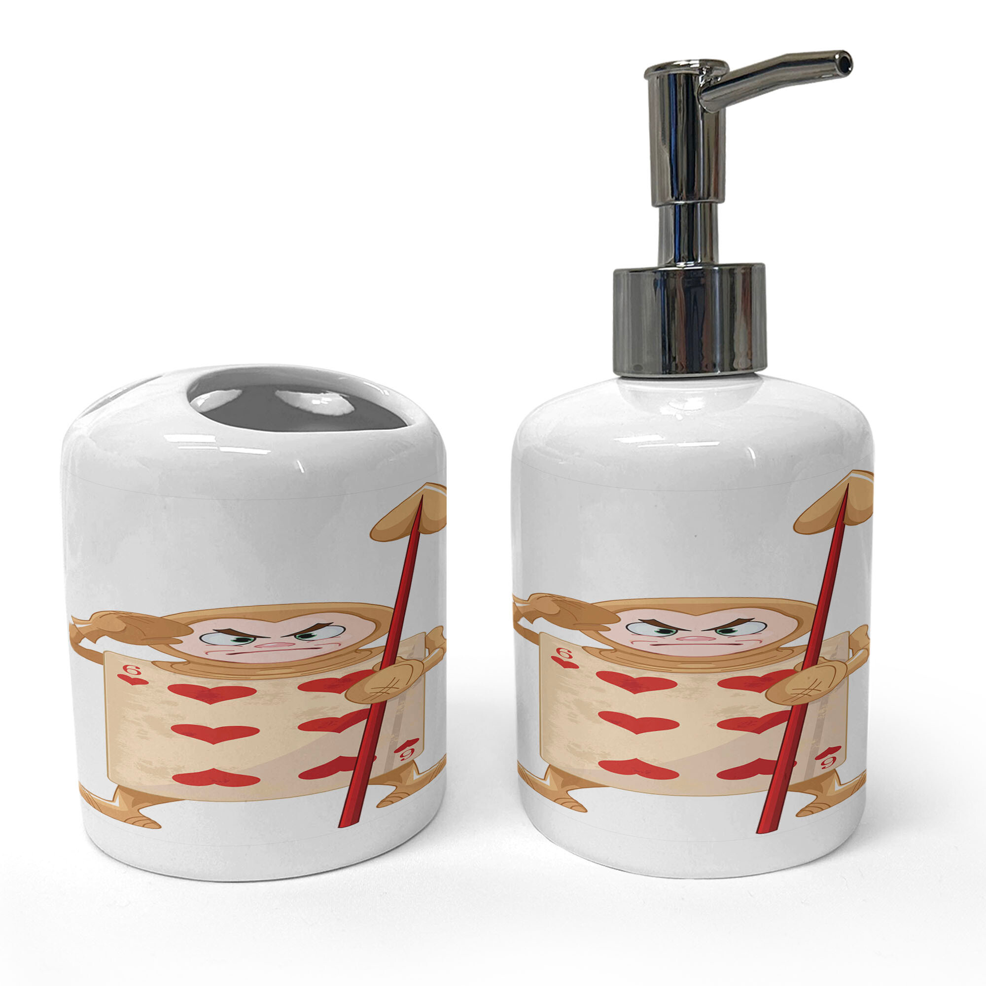 Ambesonne Cartoon Soap Dispenser & Toothbrush Holder Set, Playing Card ...