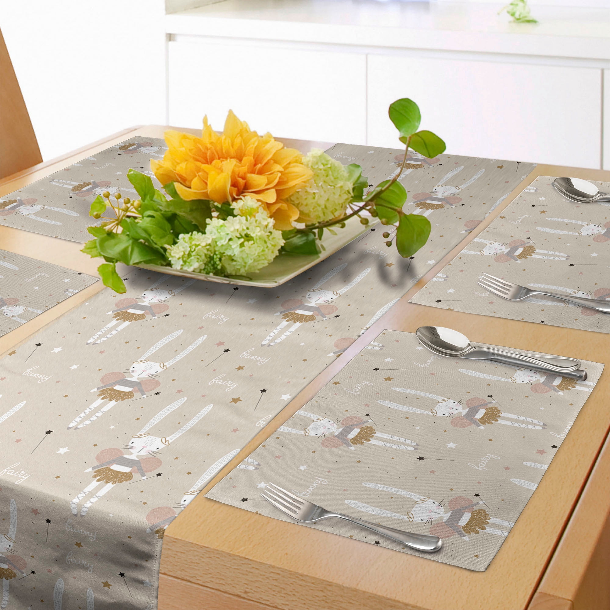 Ambesonne Cartoon Table Runner & Placemats, Ballerina Bunnies in Tutu ...