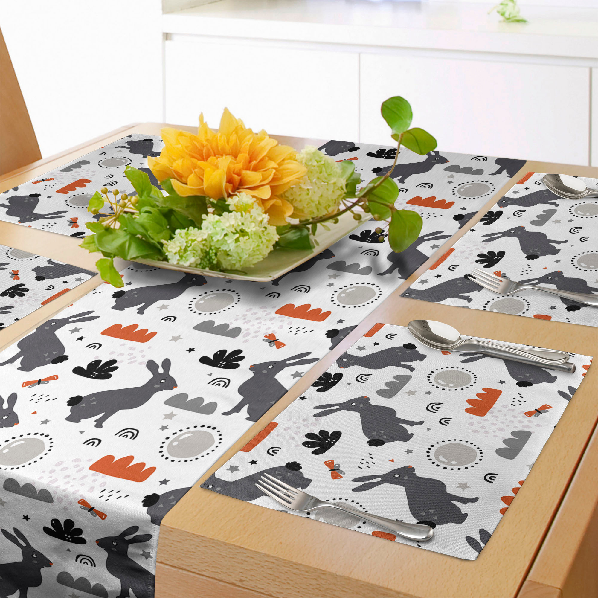 Ambesonne Cartoon Table Runner & Placemats, Bunnies in Forest Doodle ...