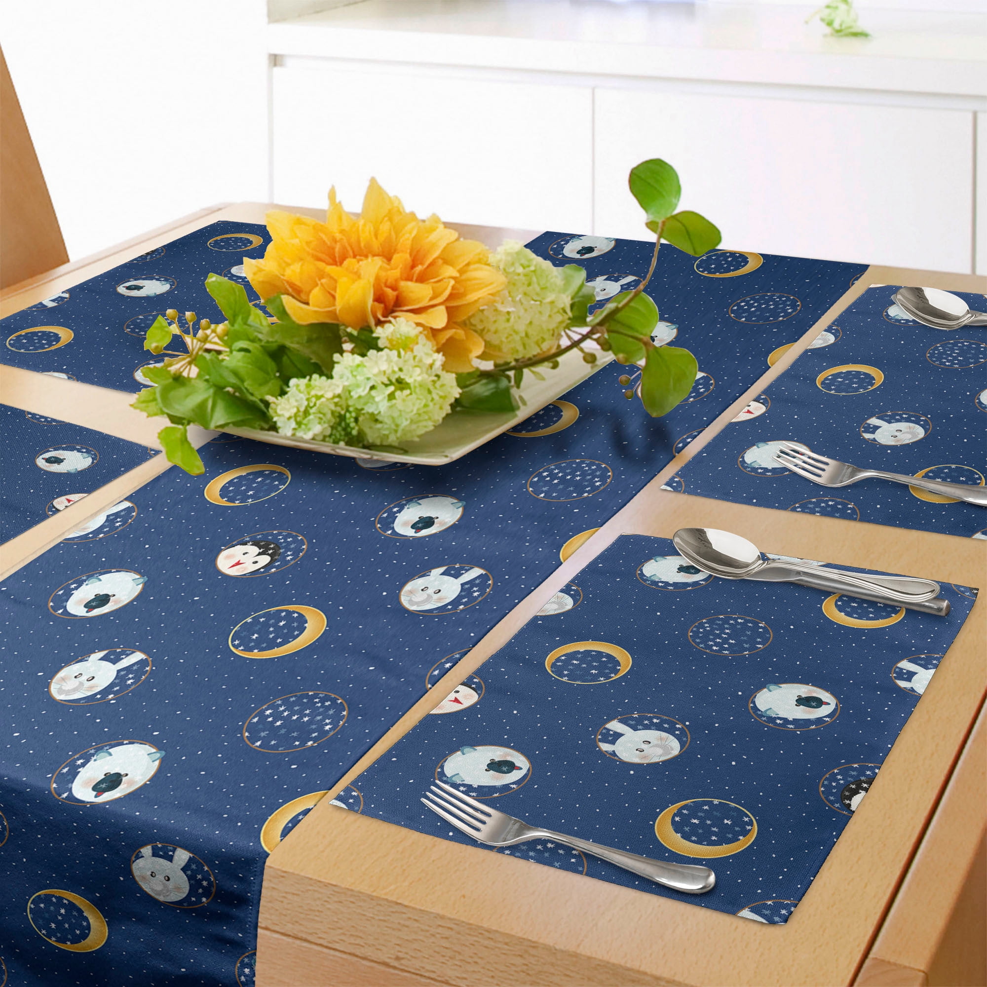 Ambesonne Cartoon Table Runner & Placemats, Bunny Polar Bear Penguin ...