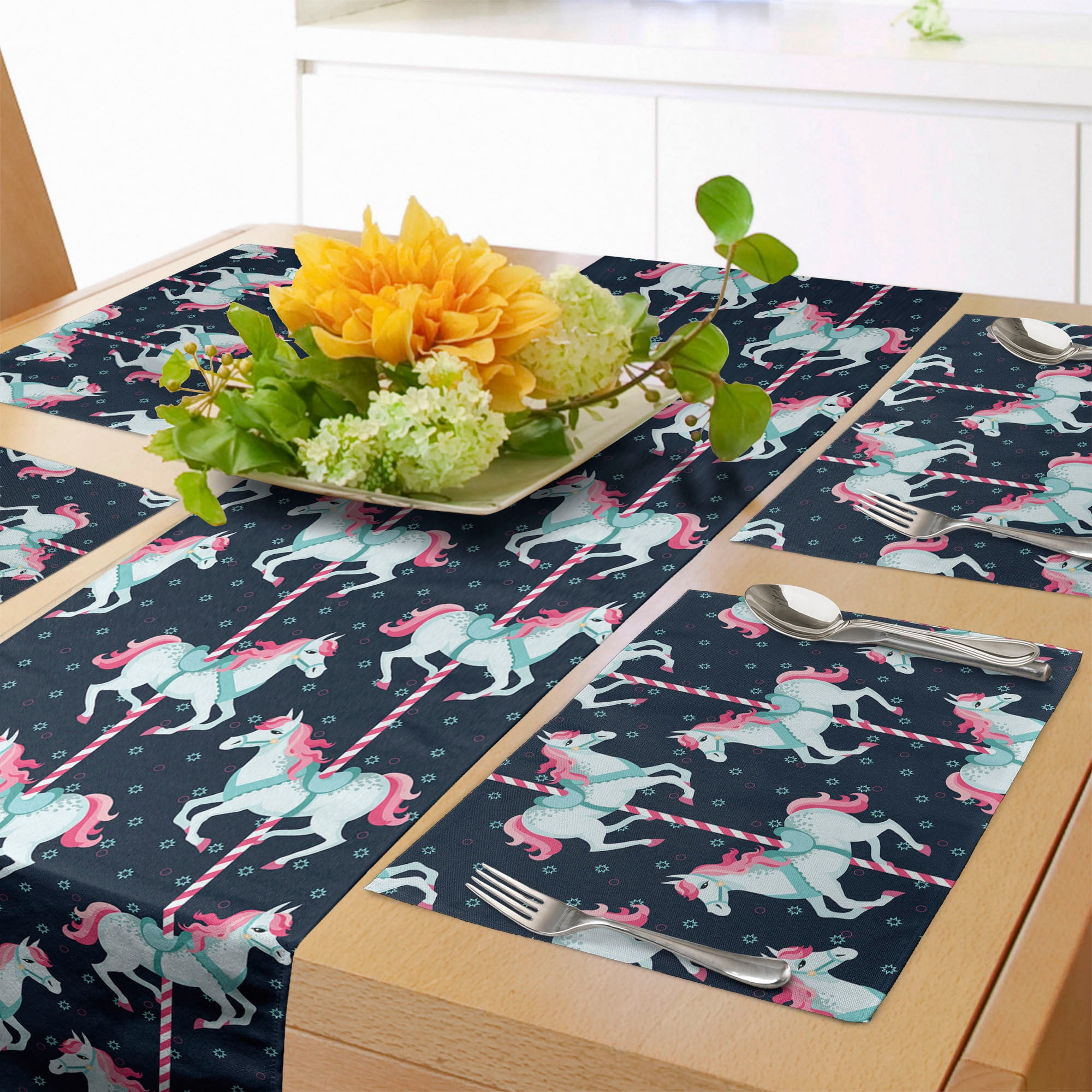 Ambesonne Cartoon Table Runner & Placemats, Carousel Horses, Placemat 4 ...