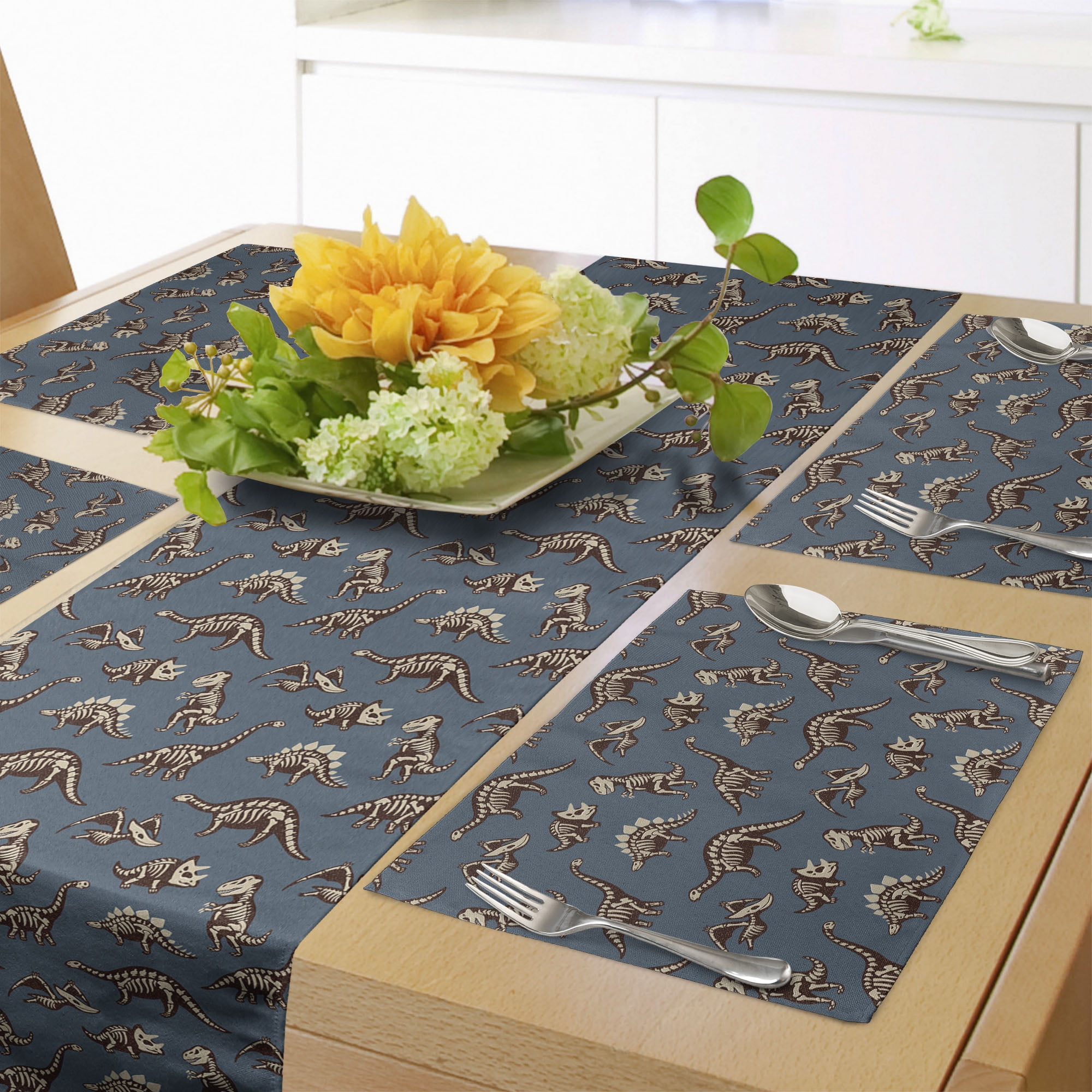 Ambesonne Cartoon Table Runner & Placemats, Disparate Fossil Dinosaurs ...