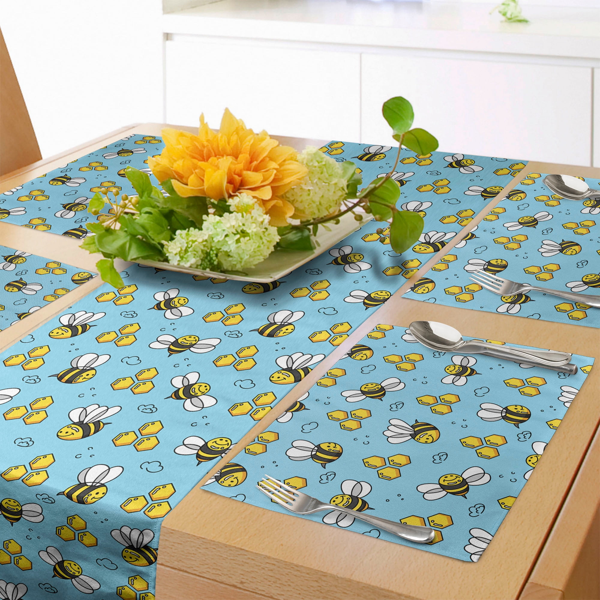 Ambesonne Cartoon Table Runner & Placemats, Hexagon Comb Happy Flying ...