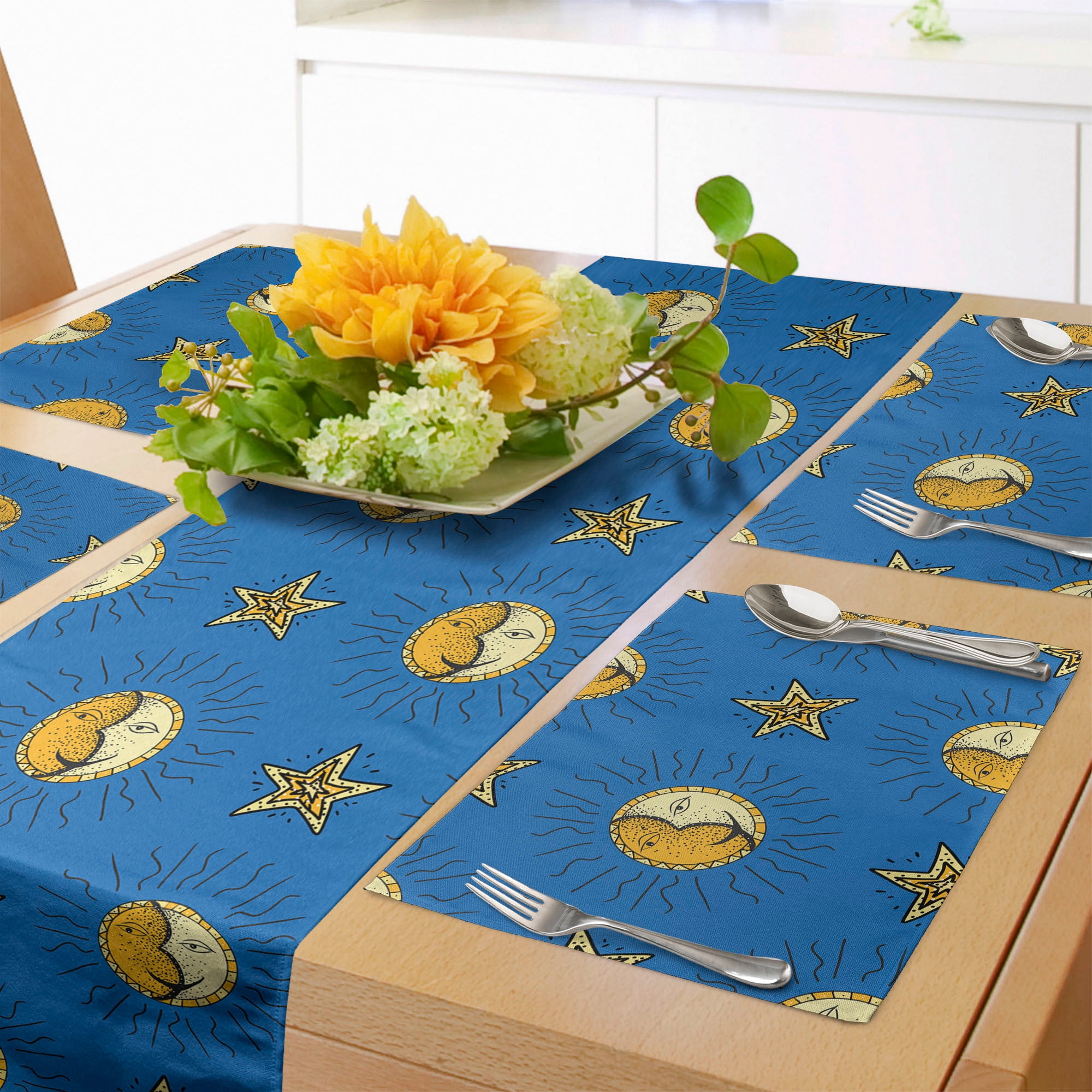 Ambesonne Cartoon Table Runner & Placemats, Sun and Moon Phases Layout ...