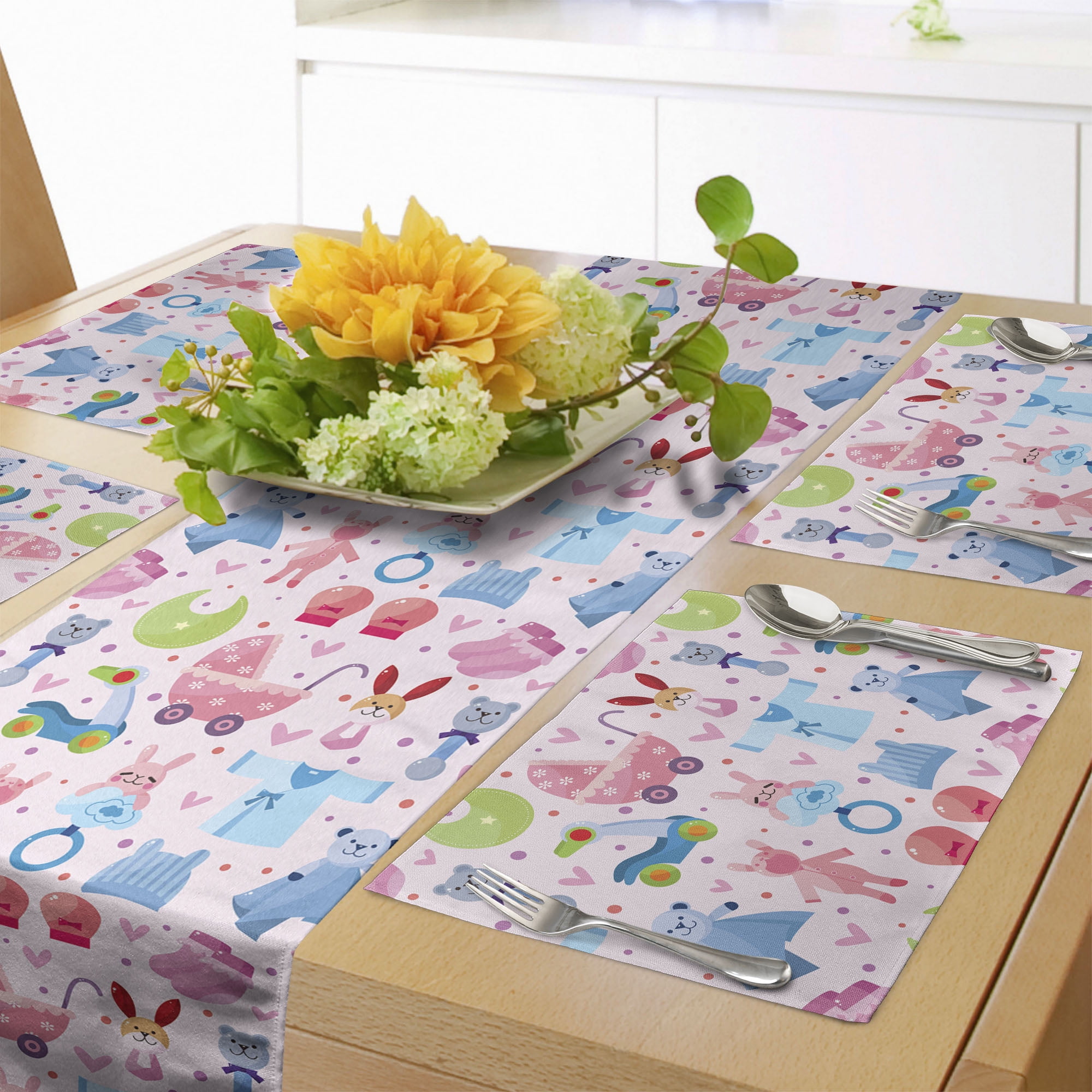 Ambesonne Cartoon Table Runner & Placemats, Teddy Bear and Bunny Art ...