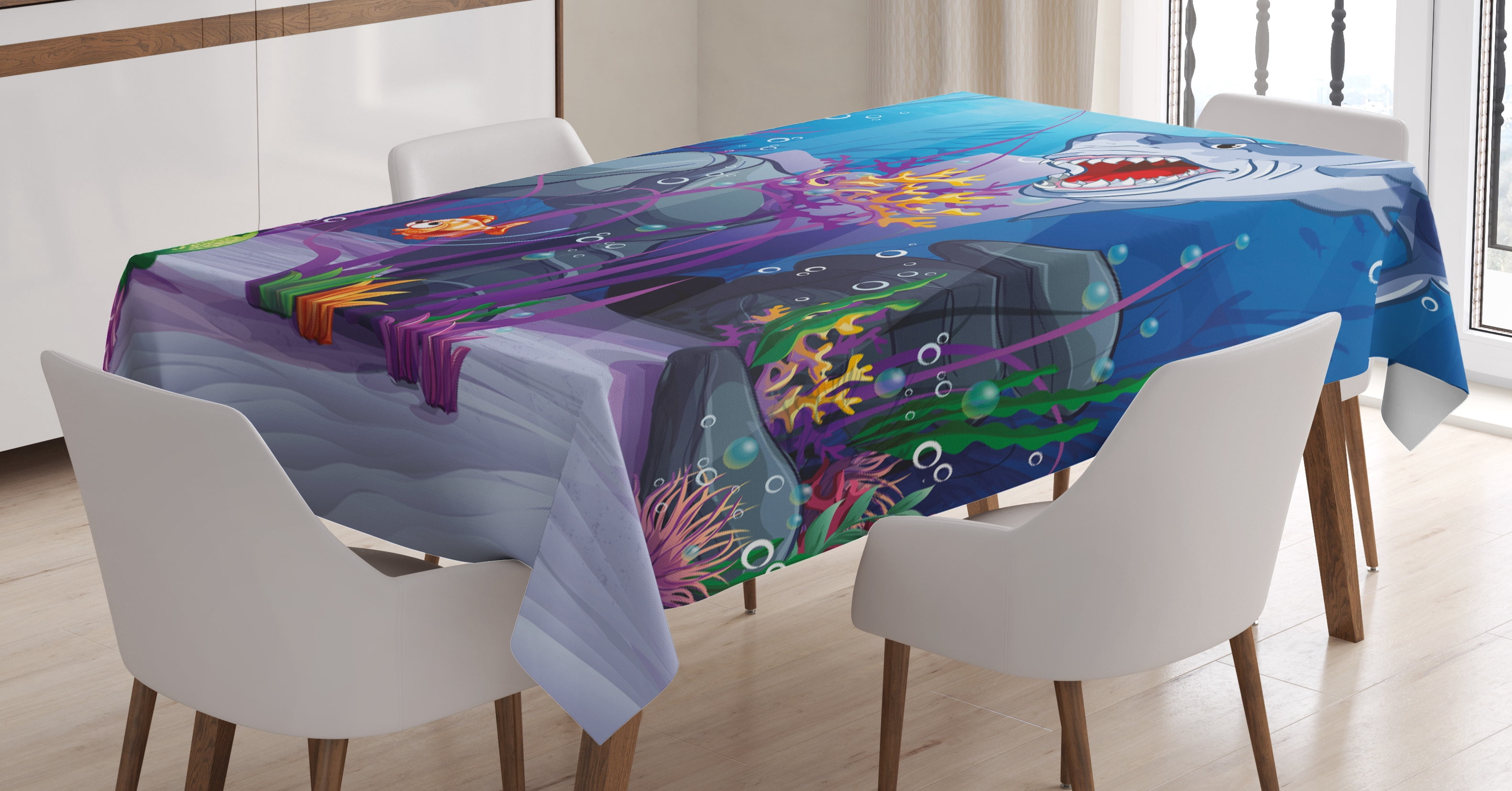 Ambesonne Cartoon Tablecloth Rectangular Table Cover, Evil Shark Little ...