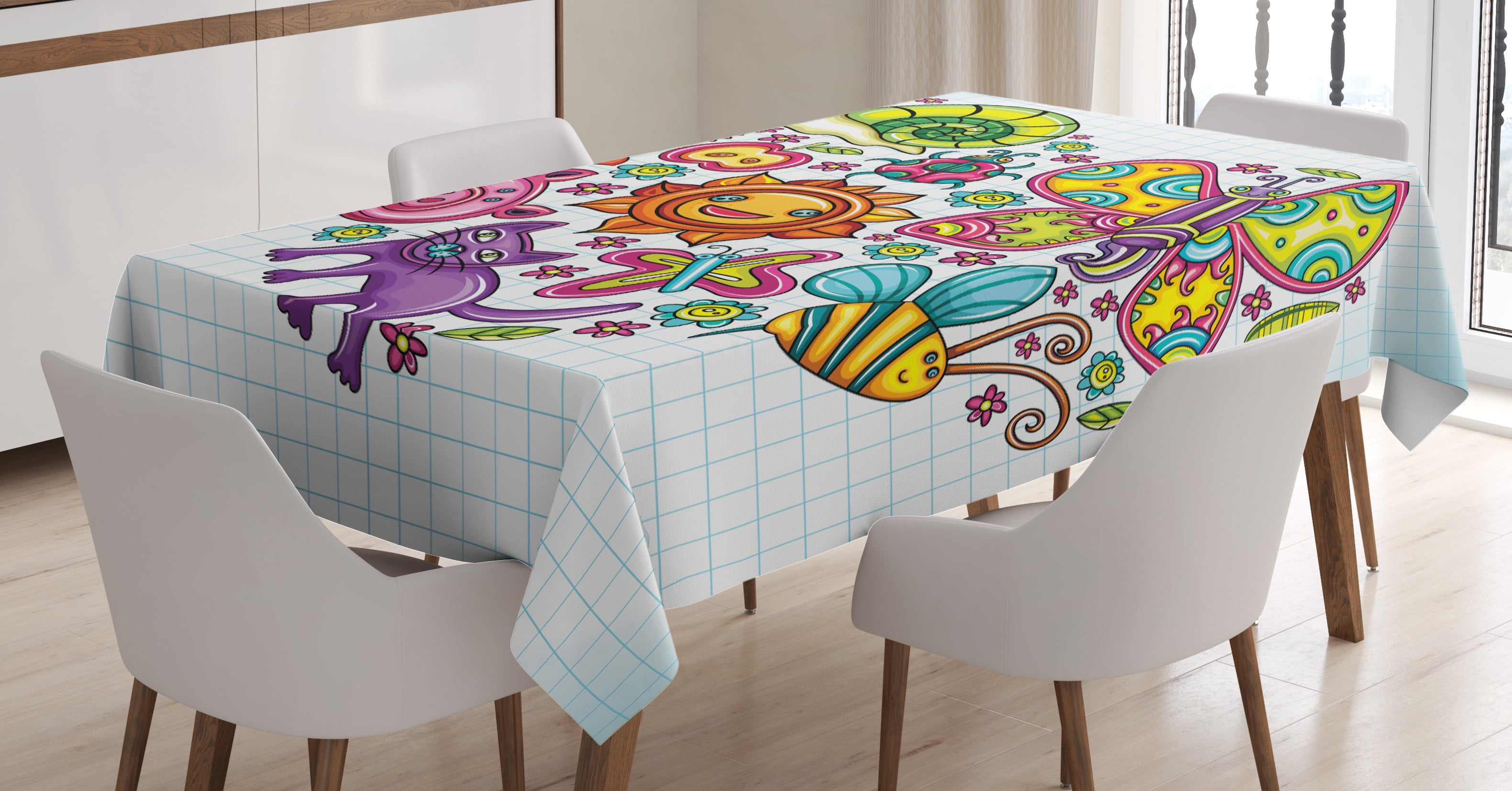 Ambesonne Cartoon Tablecloth Rectangular Table Cover, Flora and Fauna ...