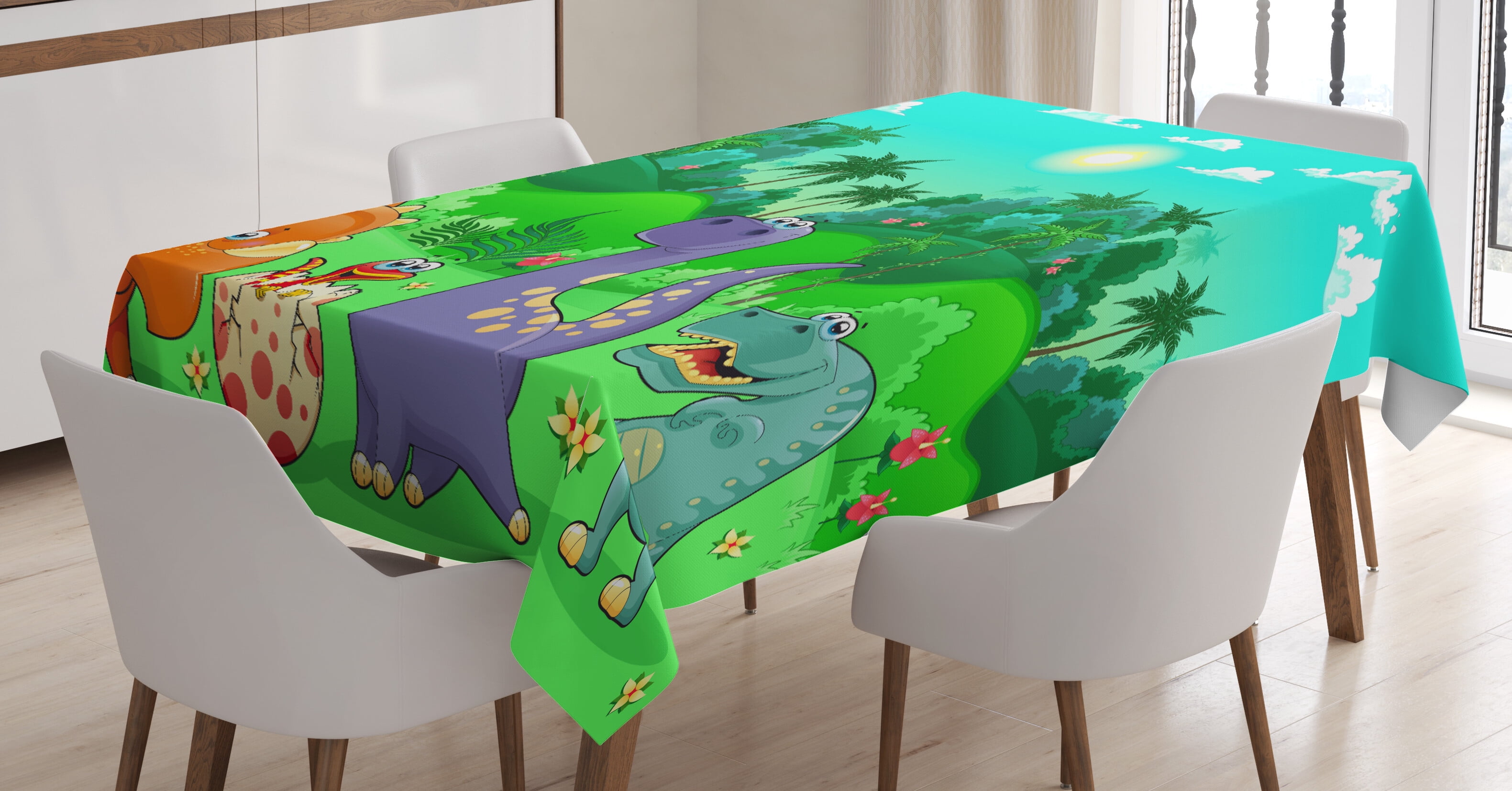 Ambesonne Cartoon Tablecloth Rectangular Table Cover, Funny Dinosaurs ...