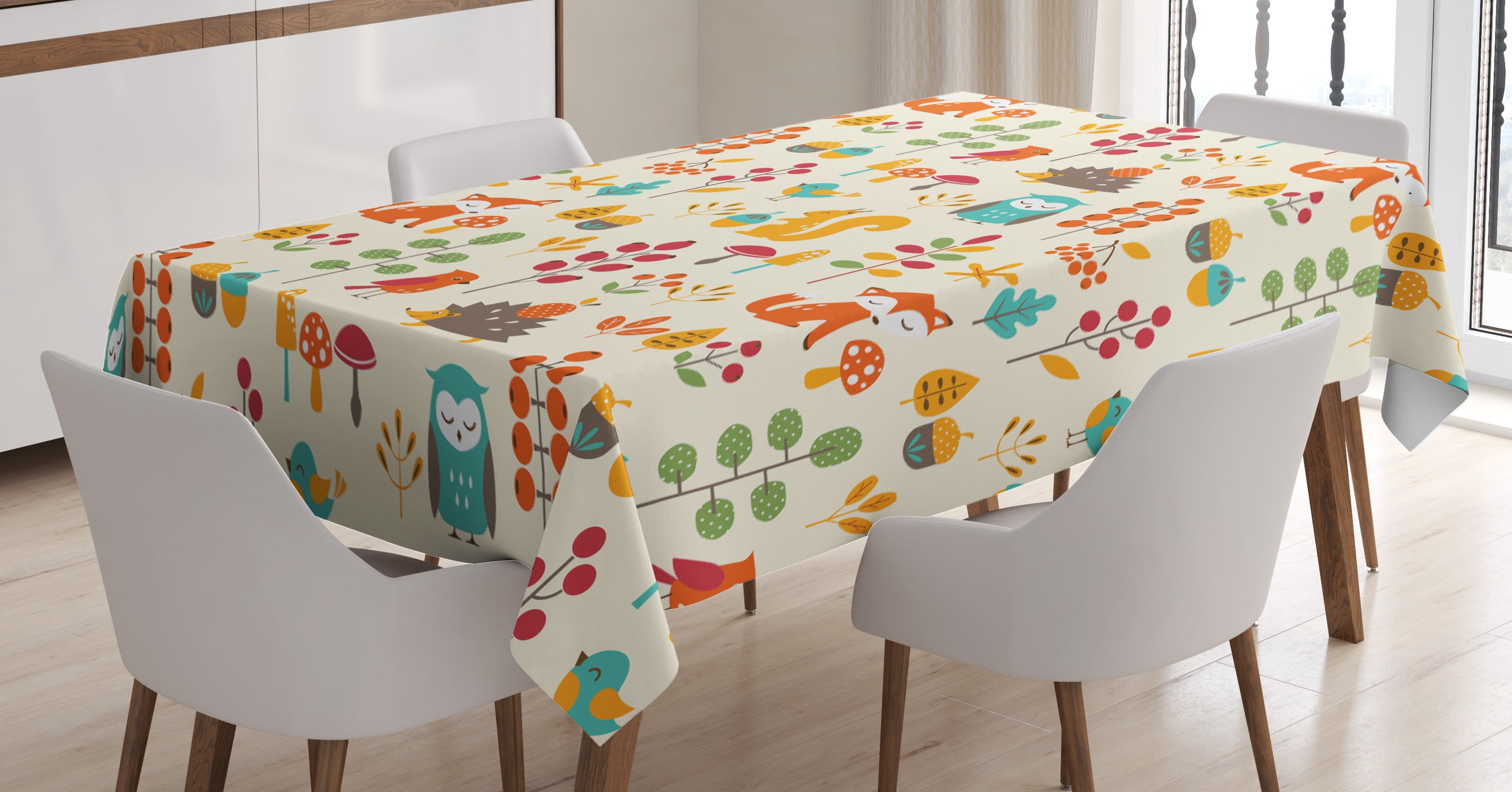 Ambesonne Cartoon Tablecloth Rectangular Table Cover, Owl Fox Squirrel ...