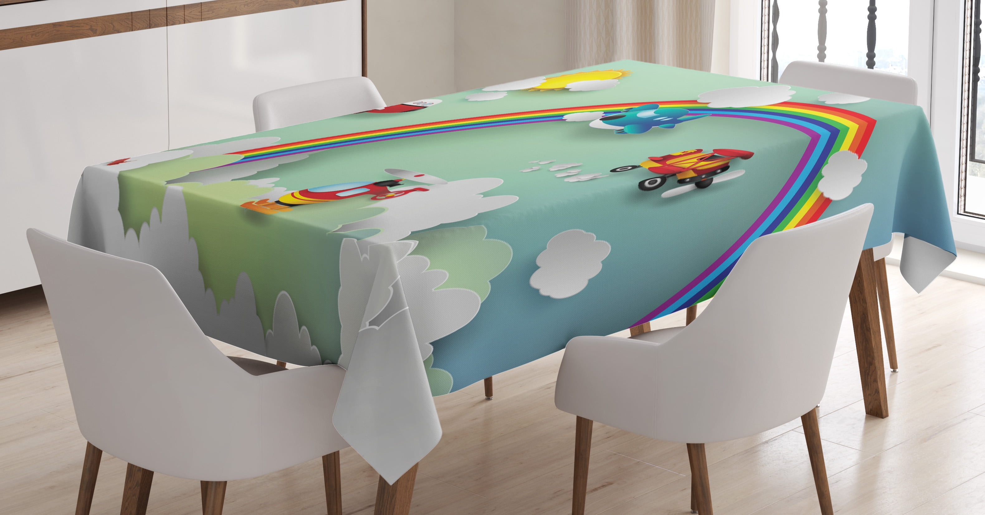 Ambesonne Cartoon Tablecloth Rectangular Table Cover, Rainbow Sunny Sky ...