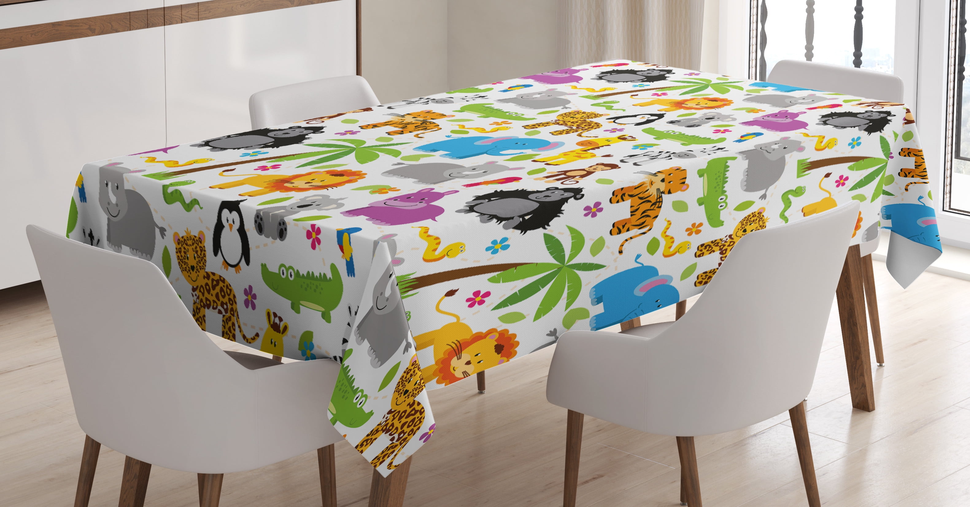 Ambesonne Cartoon Tablecloth Rectangular Table Cover, Various Animals ...