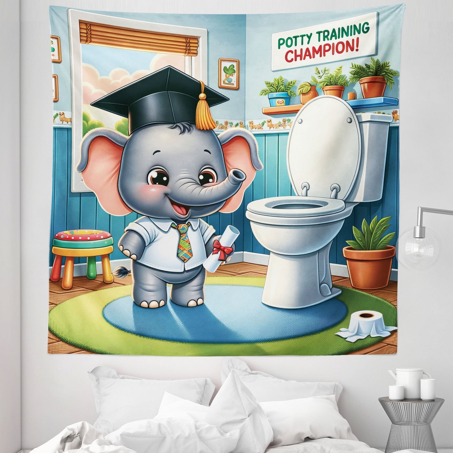 Ambesonne Cartoon Tapestry Queen Size, Potty Training Elephant Art, 88 ...