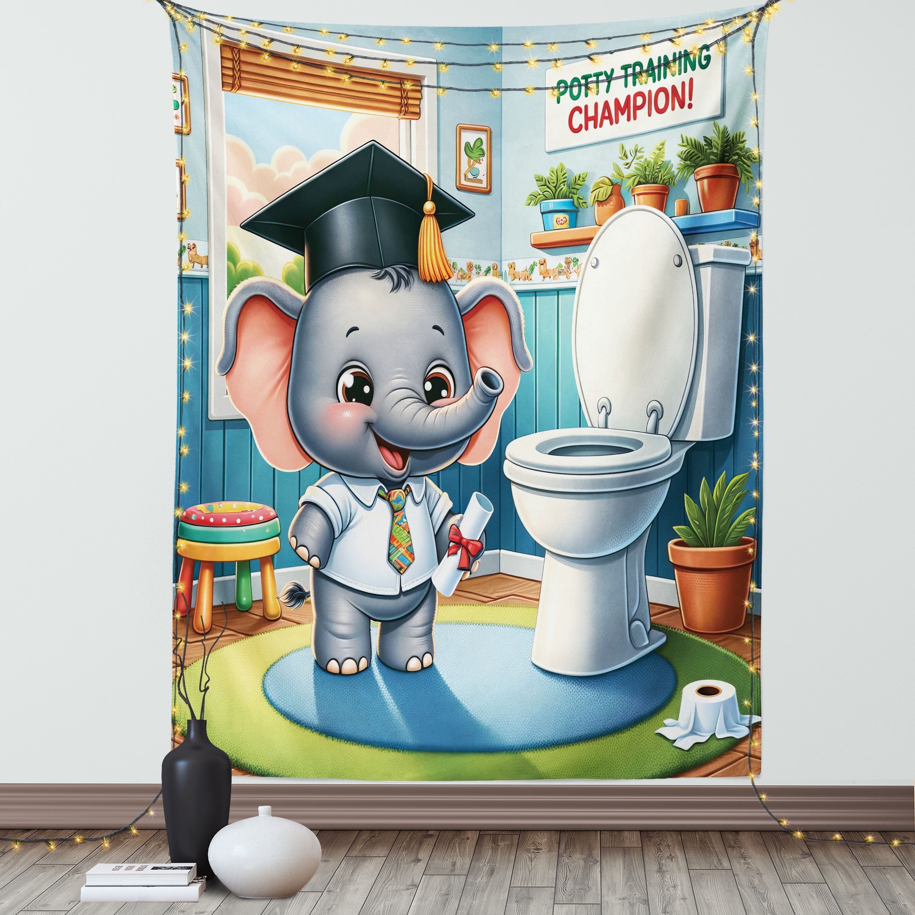 Ambesonne Cartoon Tapestry Wall Hanging, Potty Training Elephant Art ...