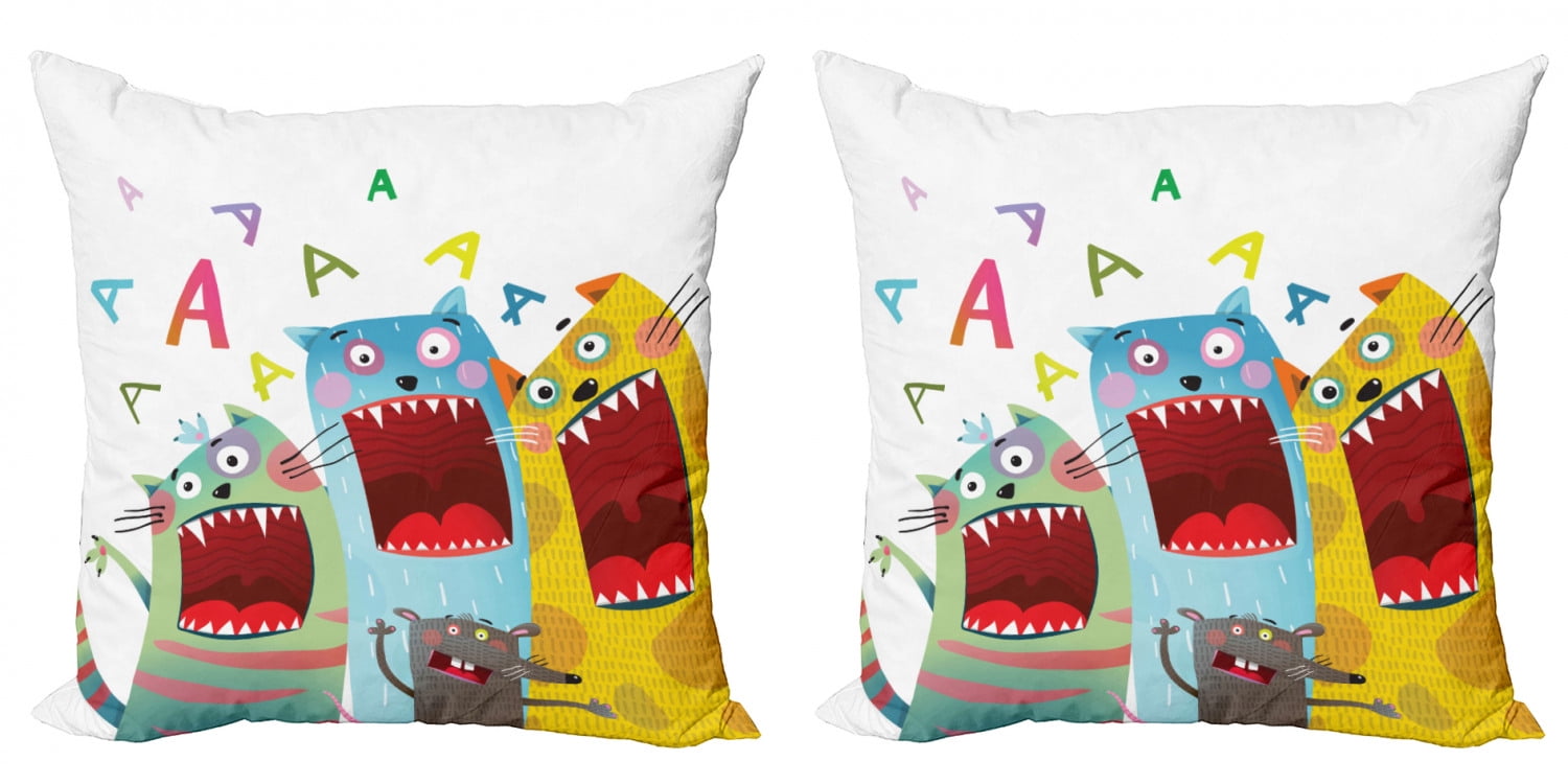 Ambesonne Cartoon Throw Pillow Cover 2 Pack, Cats and Rat, 18 ...