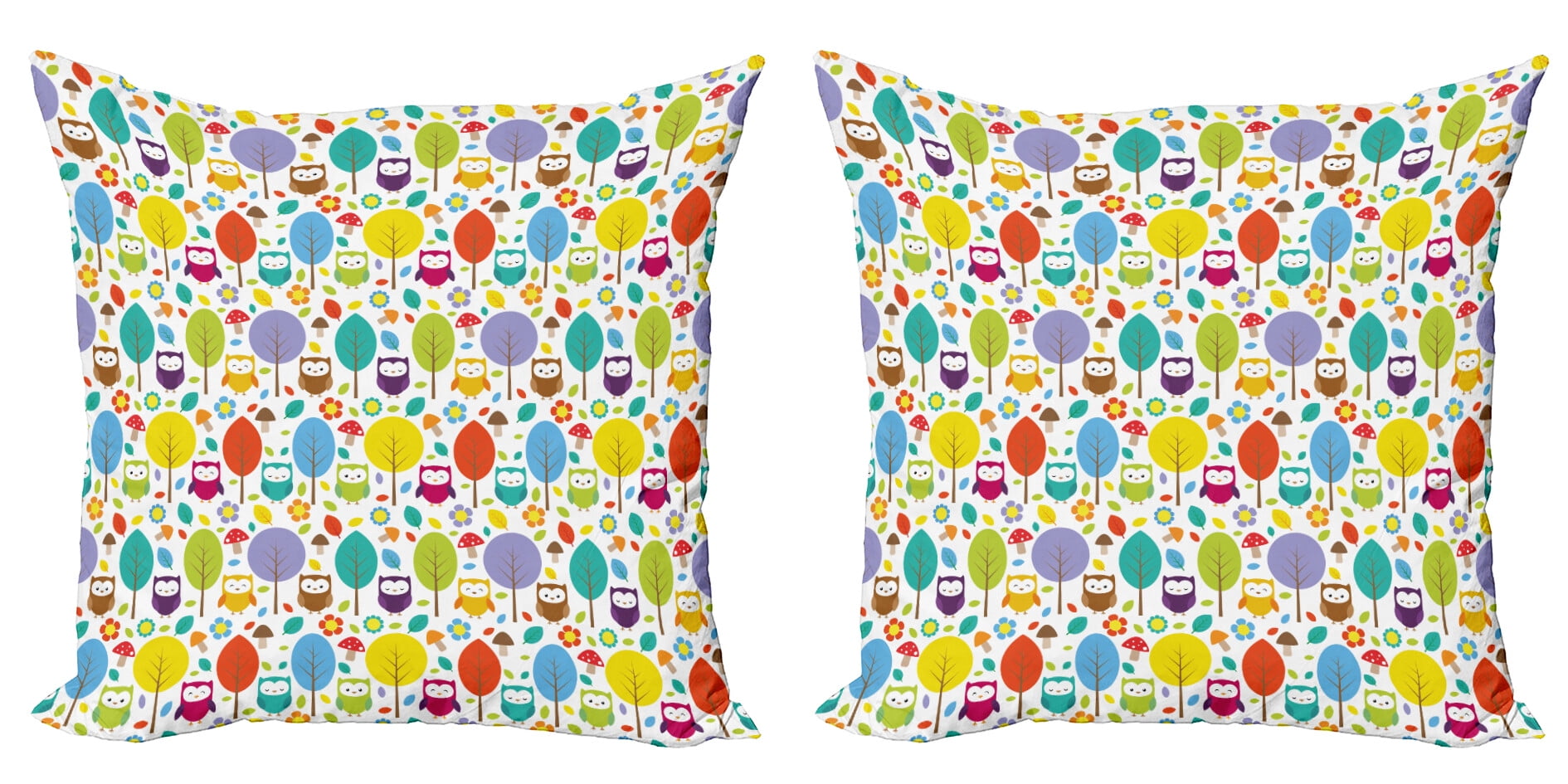 Ambesonne Cartoon Throw Pillow Cover 2 Pack, Colorful Forest Owls, 24 ...
