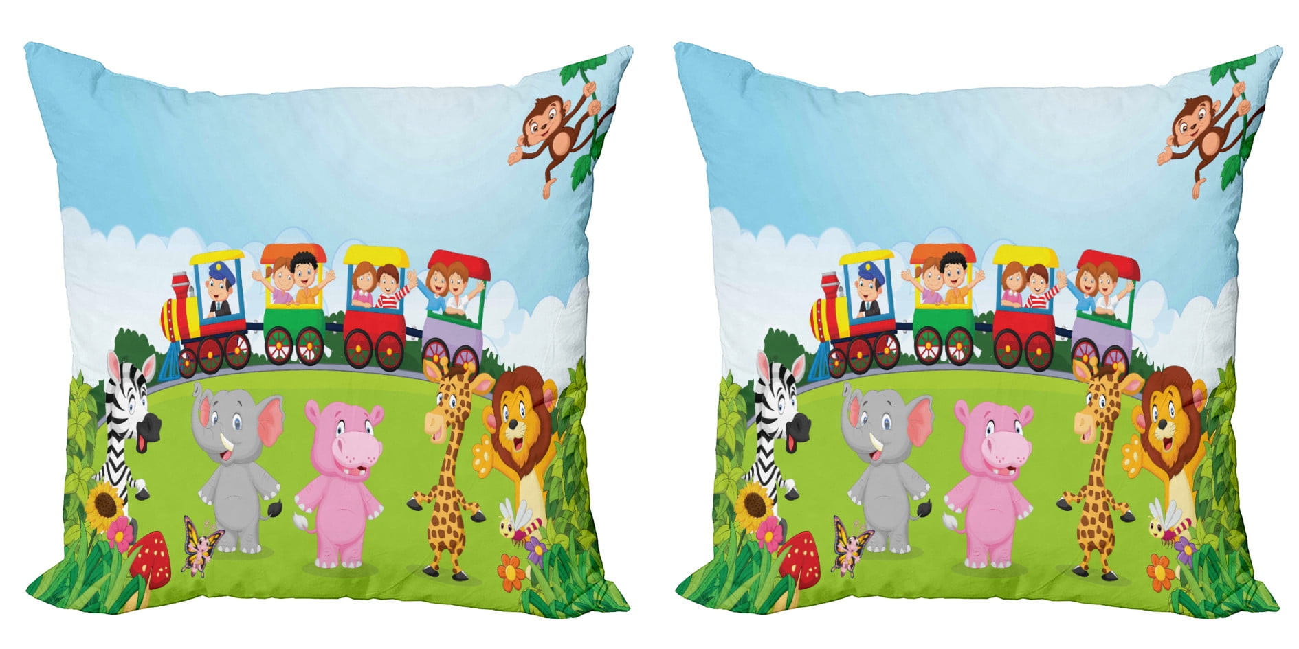 Ambesonne Cartoon Throw Pillow Cover 2 Pack, Happy Savannah Forest ...