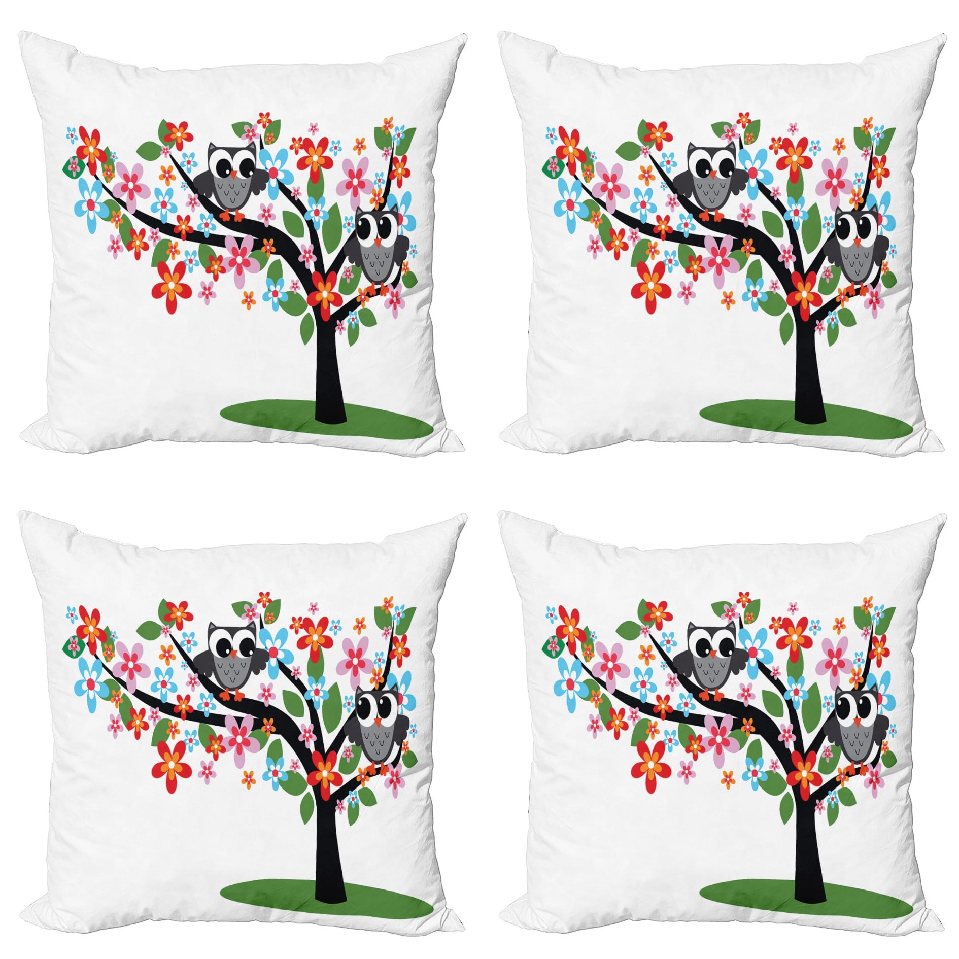 Ambesonne Cartoon Throw Pillow Cover 4 Pack, 2 Flirty Owls on Tree, 16 ...