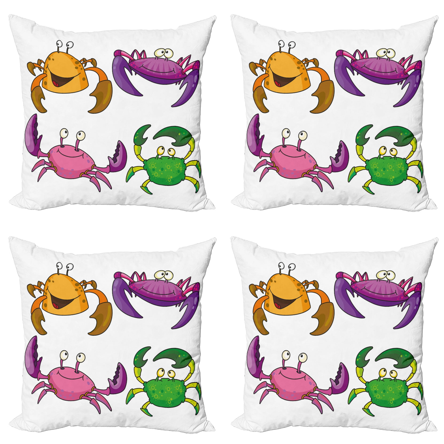 Ambesonne Cartoon Throw Pillow Cover 4 Pack, Funny Crabs Pattern, 16 ...