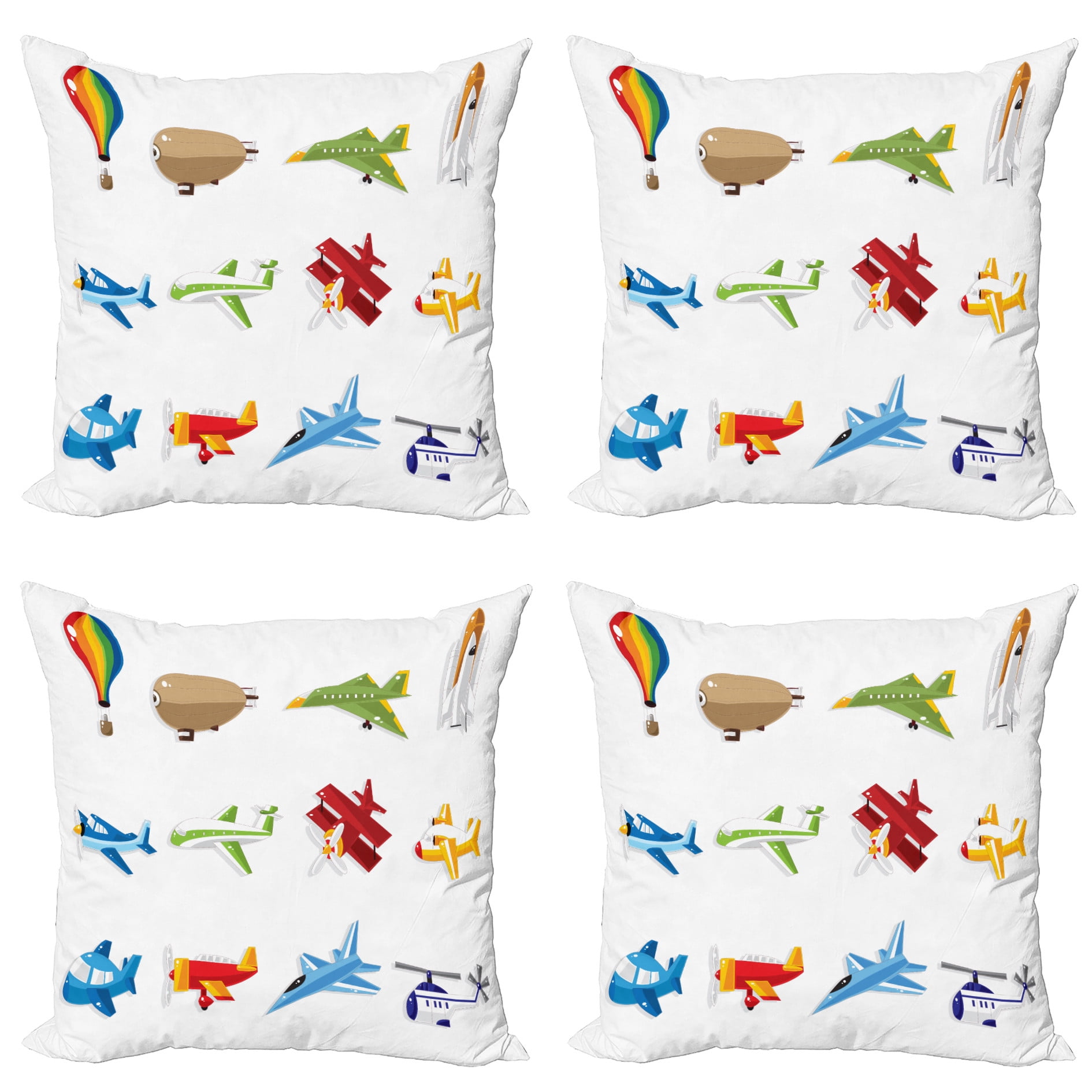 Ambesonne Cartoon Throw Pillow Cover 4 Pack, Jet Airliner Zeppelin, 24 ...