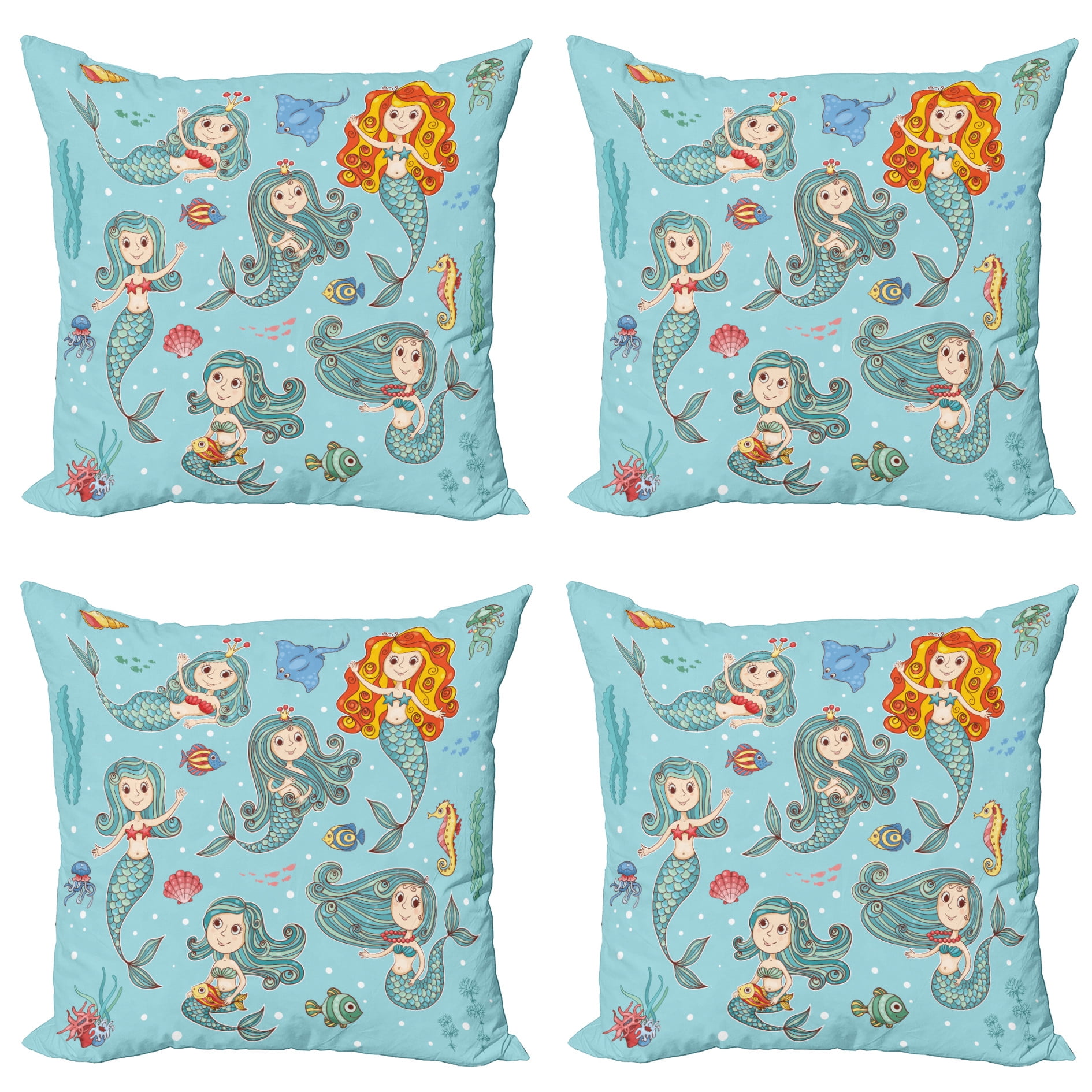 Ambesonne Cartoon Throw Pillow Cover 4 Pack, Marine Creatures Art, 24 ...