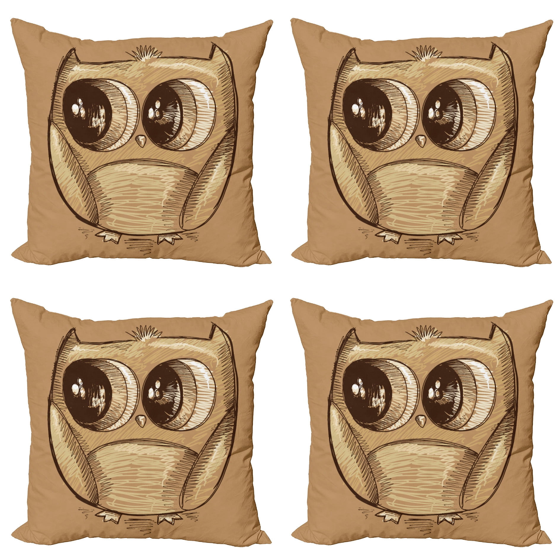 Ambesonne Cartoon Throw Pillow Cover 4 Pack, Owl Big Eyes, 24", Pale ...
