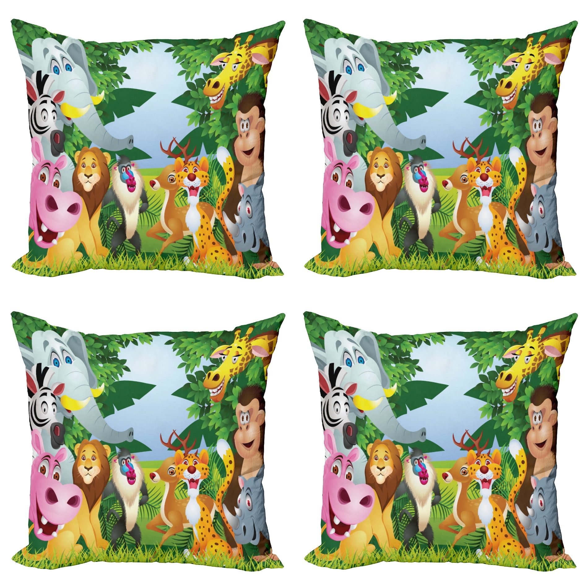 Ambesonne Cartoon Throw Pillow Cover 4 Pack, Savannah Jungle Funny Art ...