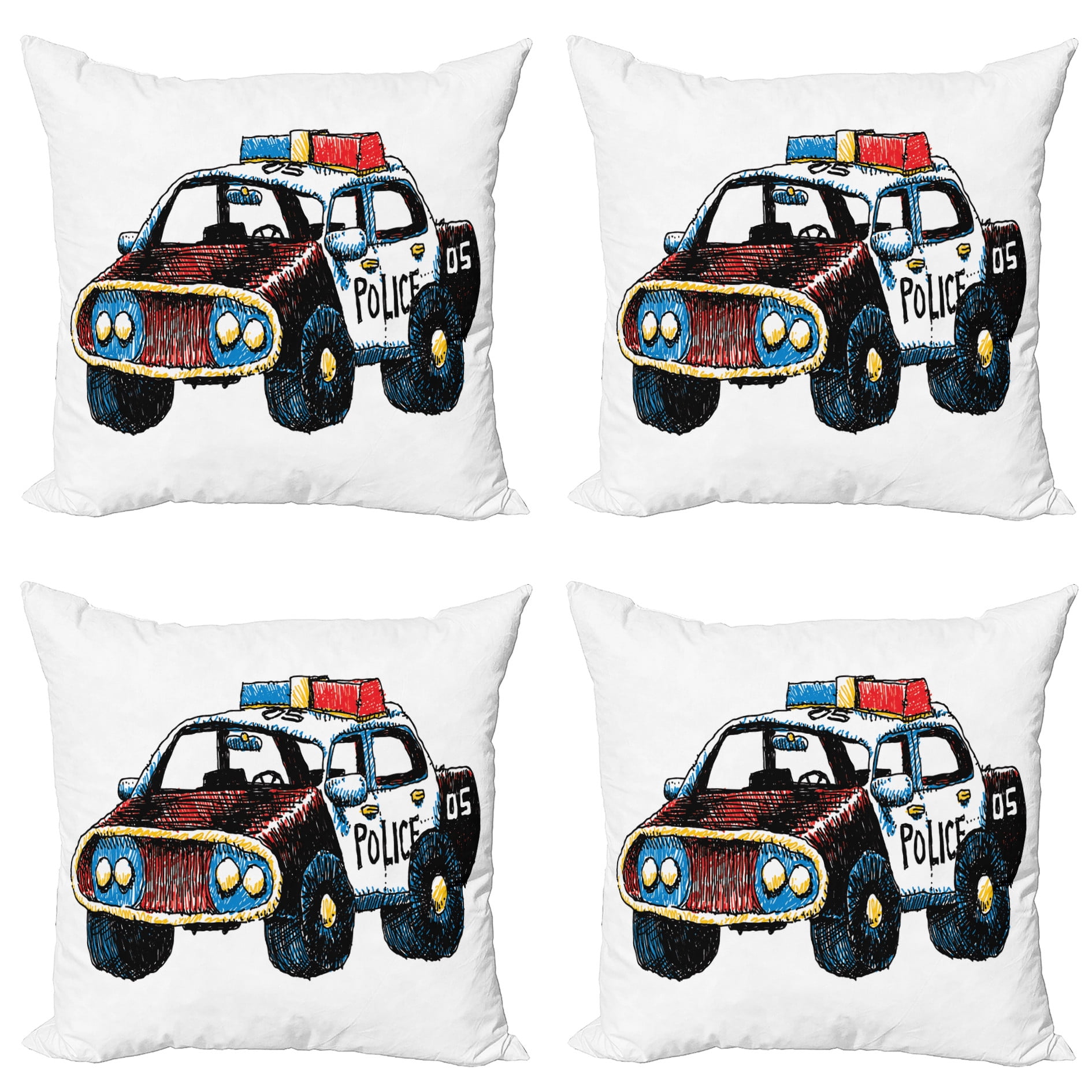 Ambesonne Cartoon Throw Pillow Cover 4 Pack, Sketchy Police Car, 16 ...