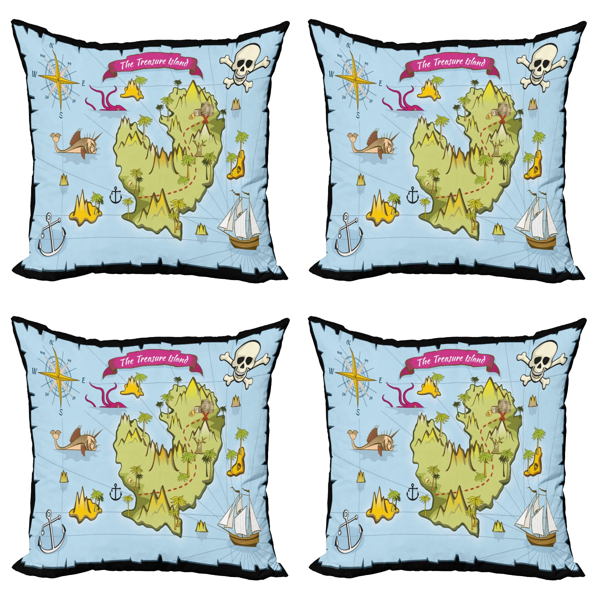 Ambesonne Cartoon Throw Pillow Cover 4 Pack, Treasure Island Skull, 16 ...