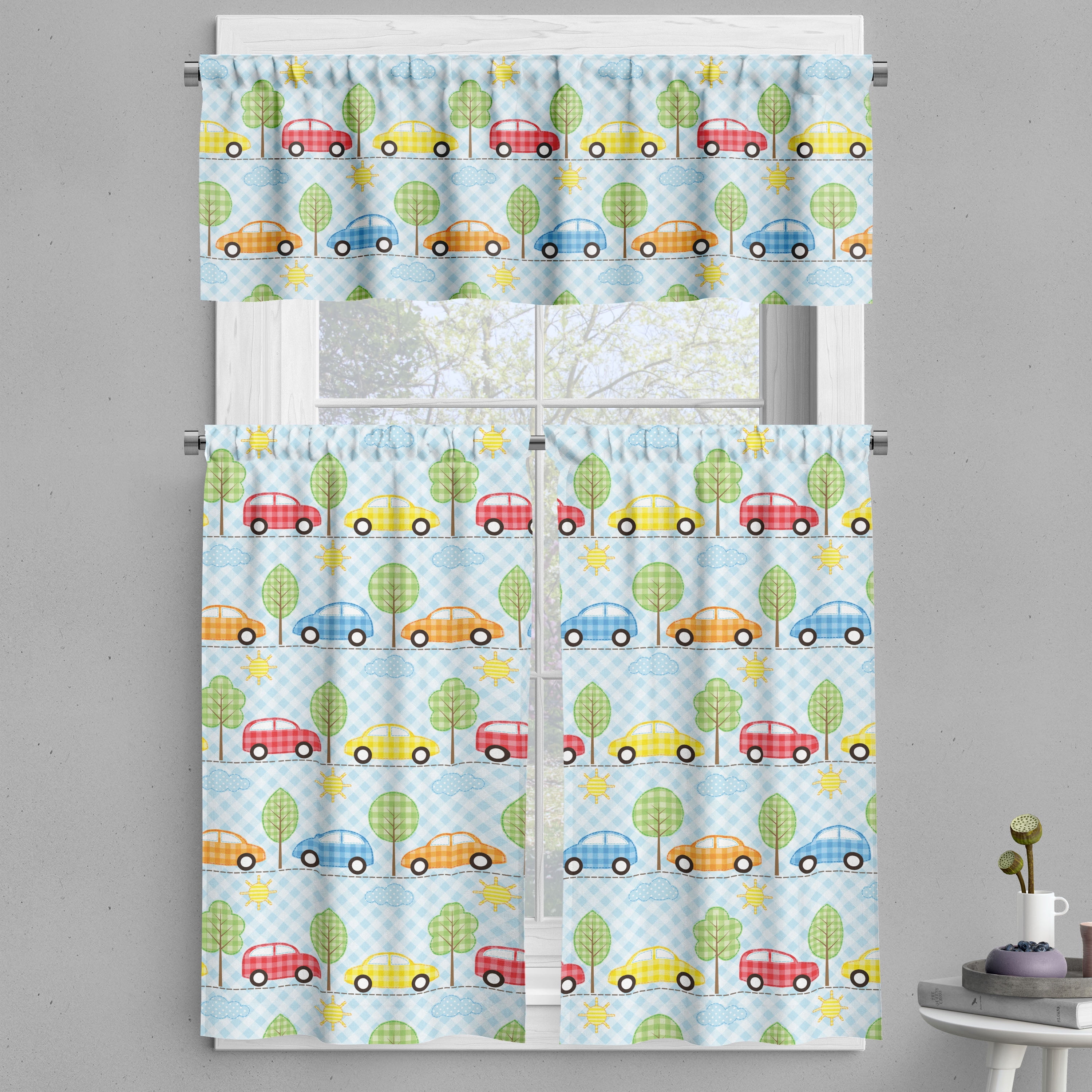 Ambesonne Cartoon Valance & Curtain, Checkered Cars with Trees, 55"x24 ...