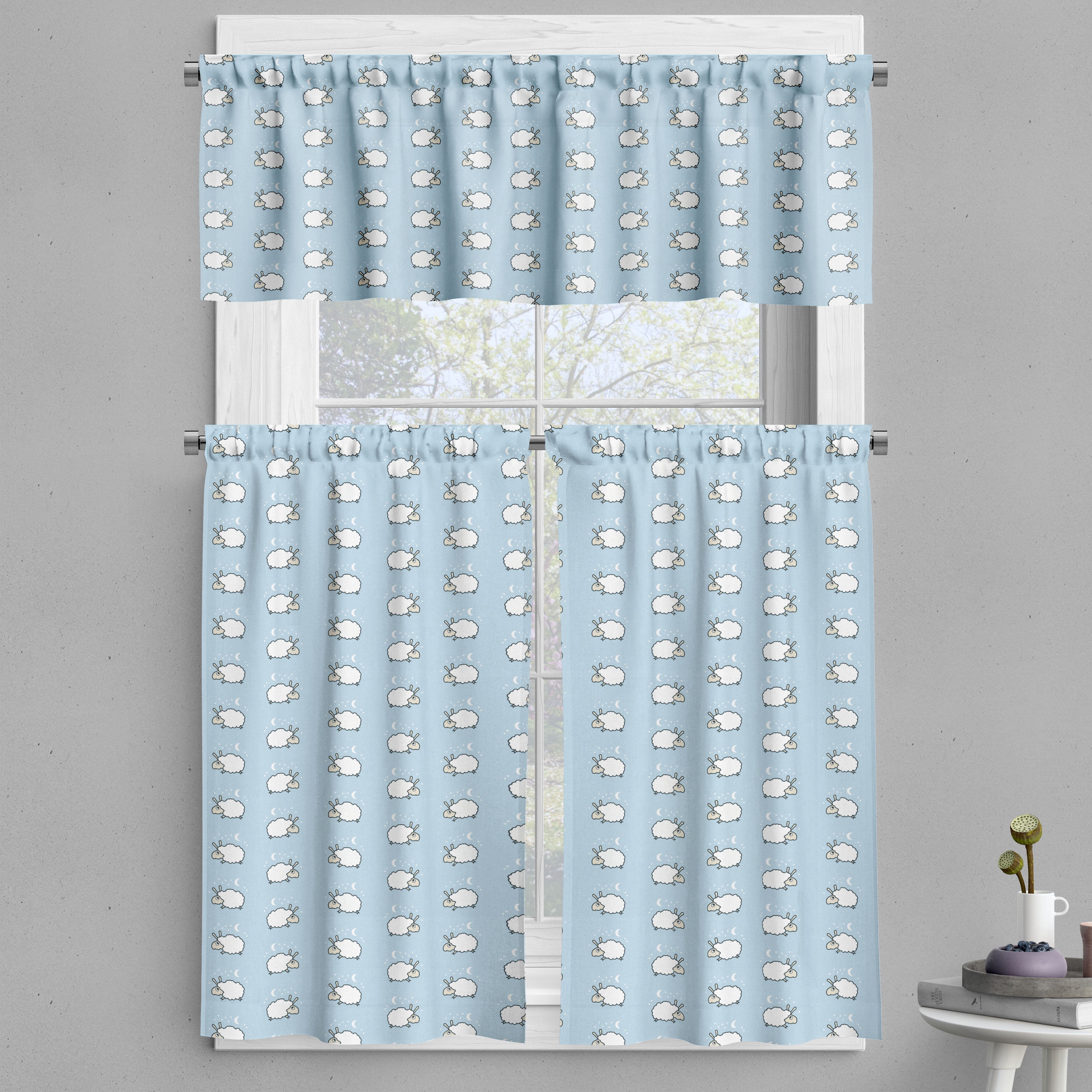 Ambesonne Cartoon Valance & Curtain, Counting Sheep Pattern Art, 55"x24 ...