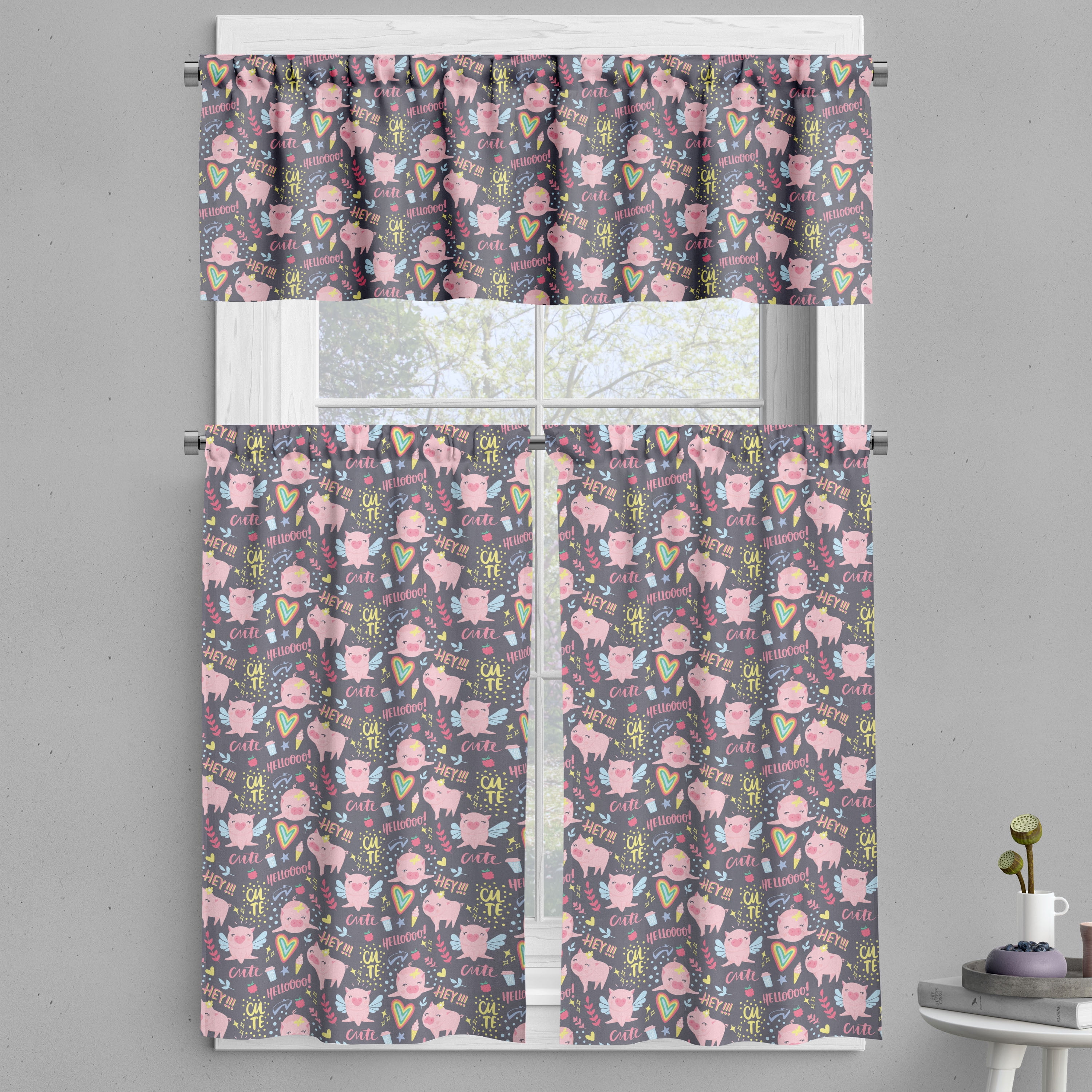 Ambesonne Cartoon Valance & Curtain, Funny Pigs Say Hello Hey, 55"x45 ...