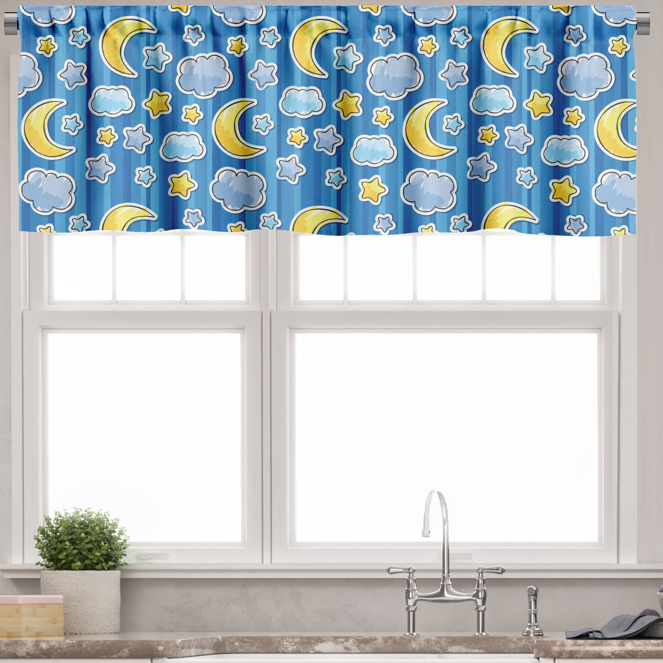 Ambesonne Cartoon Valance Pack of 2, Abstract Moon and Clouds, 54"X18 ...