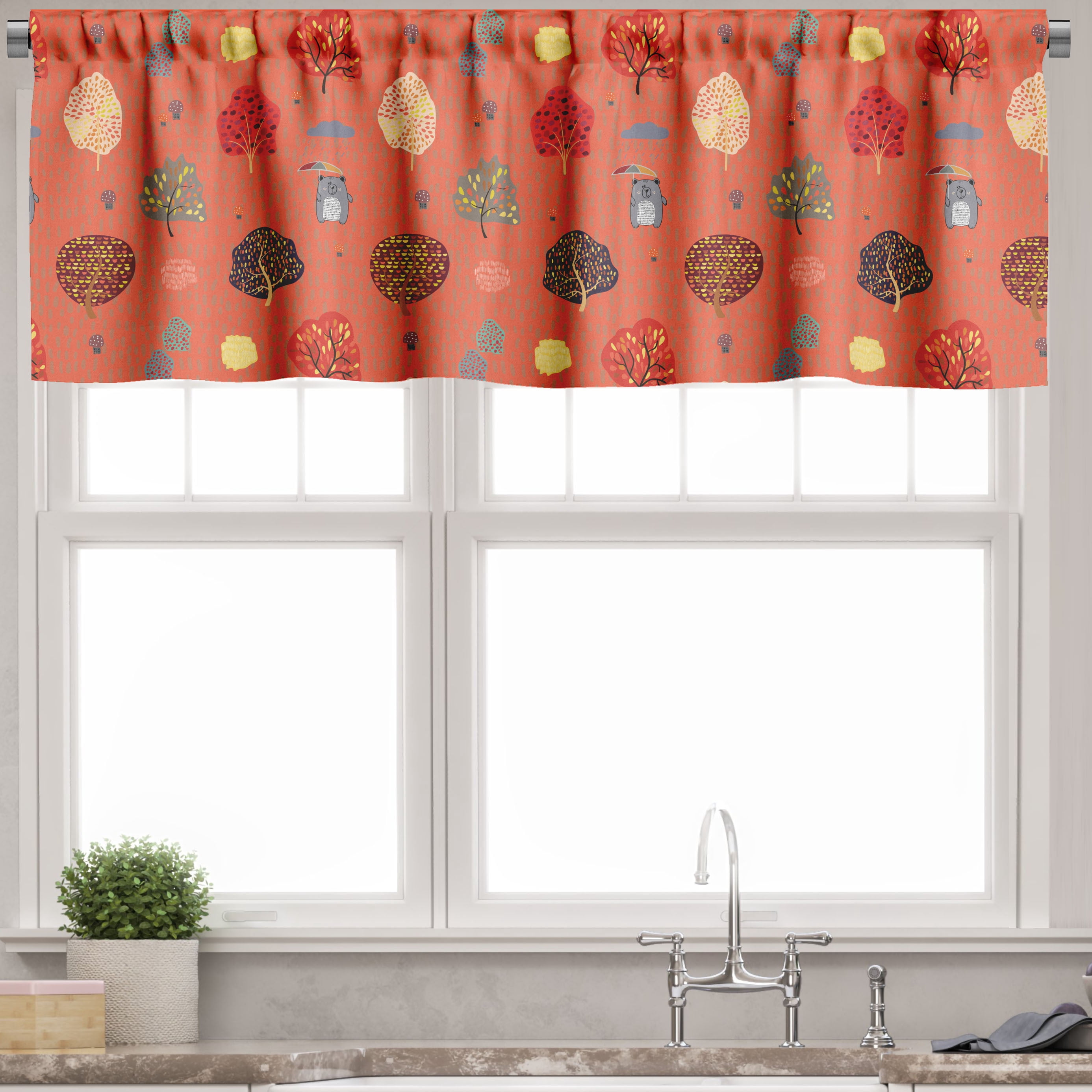 Ambesonne Cartoon Valance Pack of 2, Bear with Umbrella Doodle, 54"X12 ...