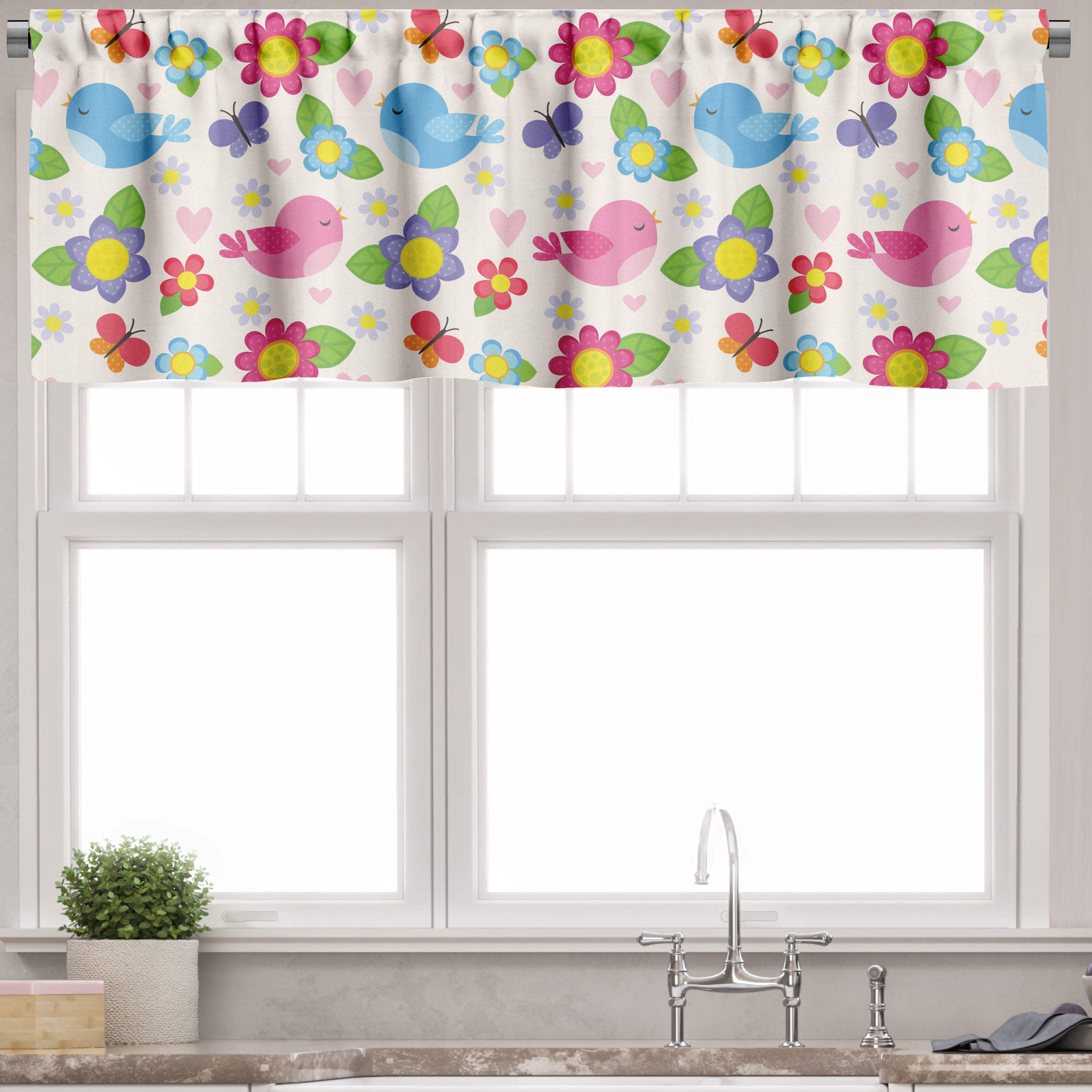Ambesonne Cartoon Valance Pack of 2, Birds Hearts Butterflies, 54"X18 ...