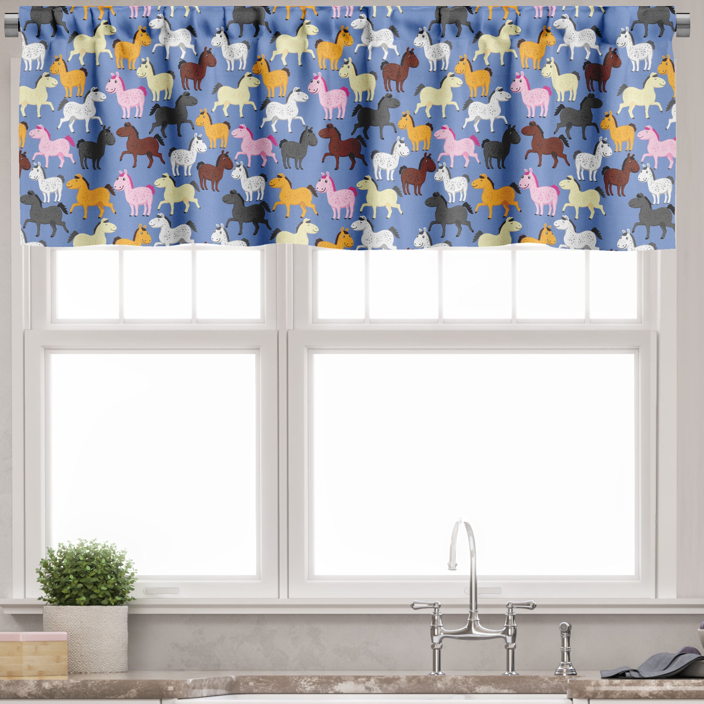 Ambesonne Cartoon Valance Pack of 2, Colorful Horses at Zoo, 54"X18 ...