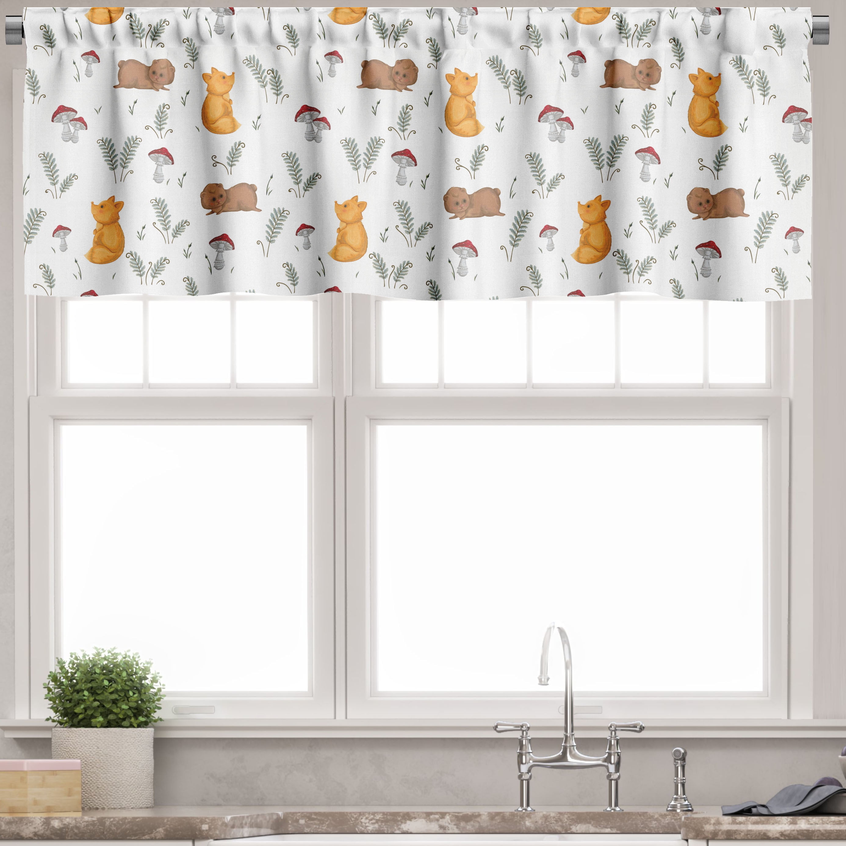 Ambesonne Cartoon Valance Pack of 2, Fox and Teddy Bear, 54"X18 ...