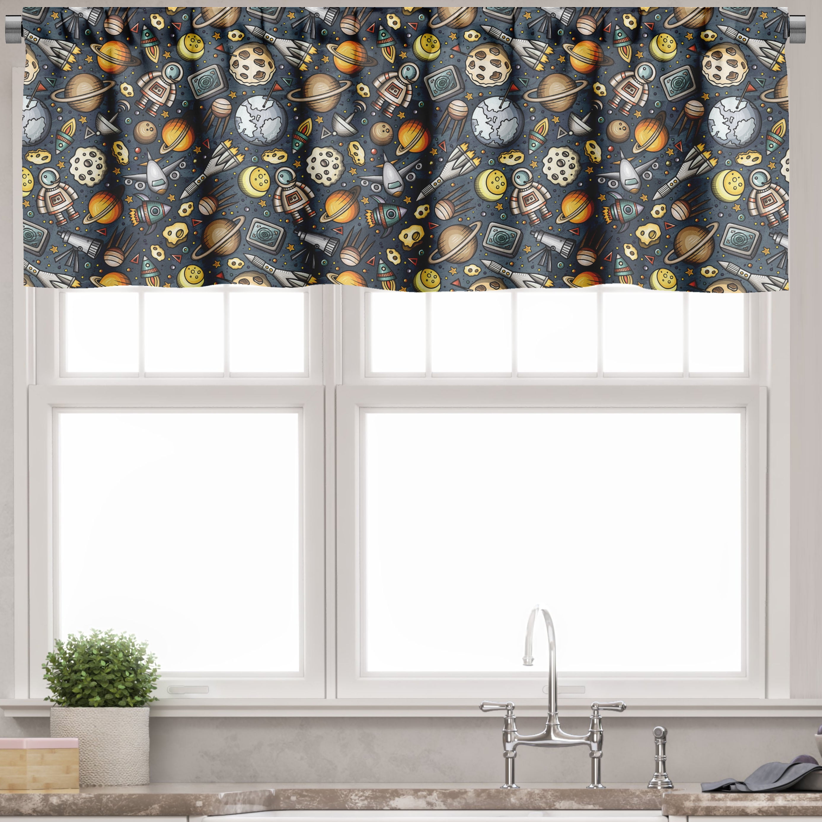 Ambesonne Cartoon Valance Pack of 2, Outer Space Pattern, 54"X18 ...