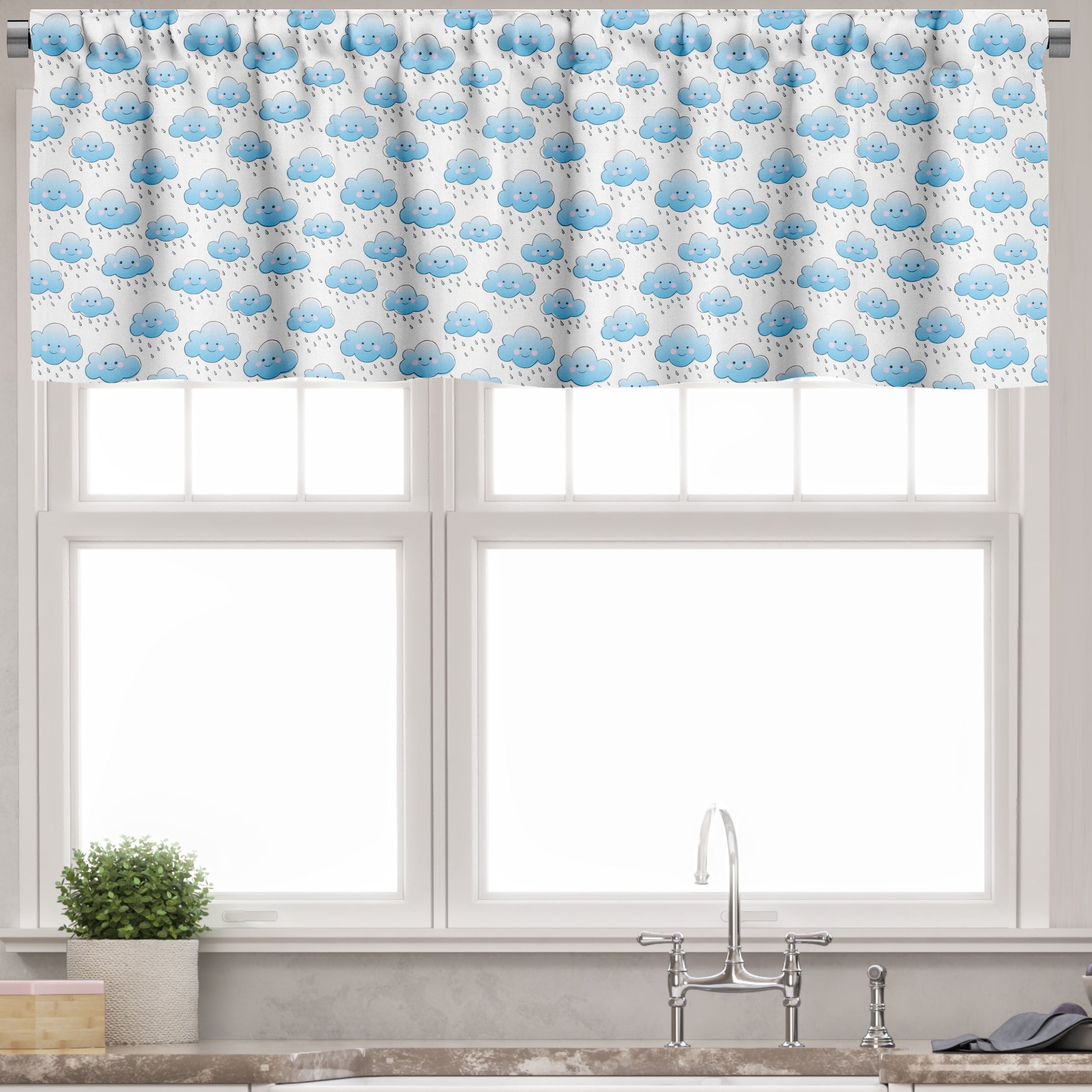 Ambesonne Cartoon Valance Pack of 2, Smiling Rain Cloud, 54"X12", Sky ...