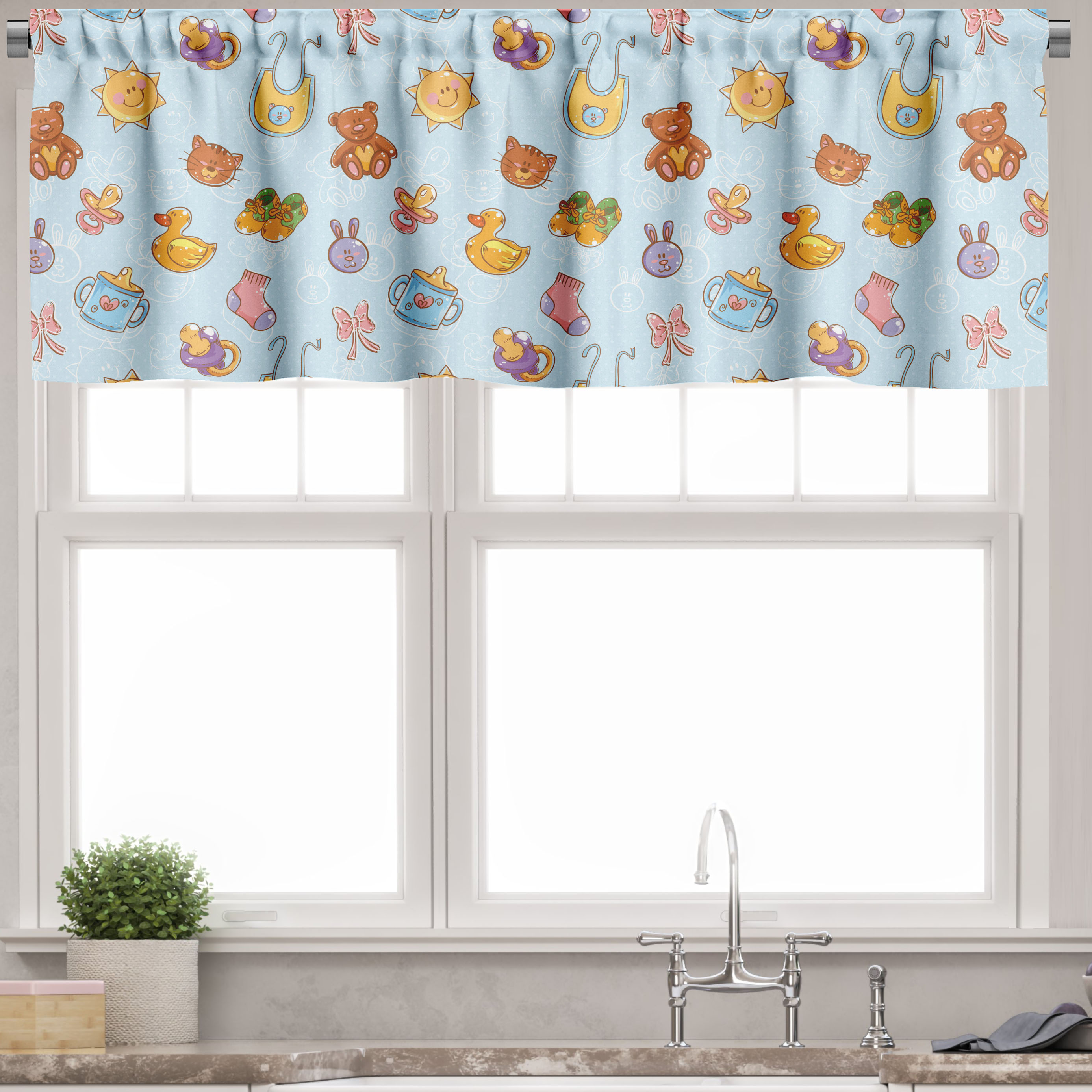 Ambesonne Cartoon Valance Pack of 2, Sun Ribbon Teddy Bear Art, 42"X18 ...