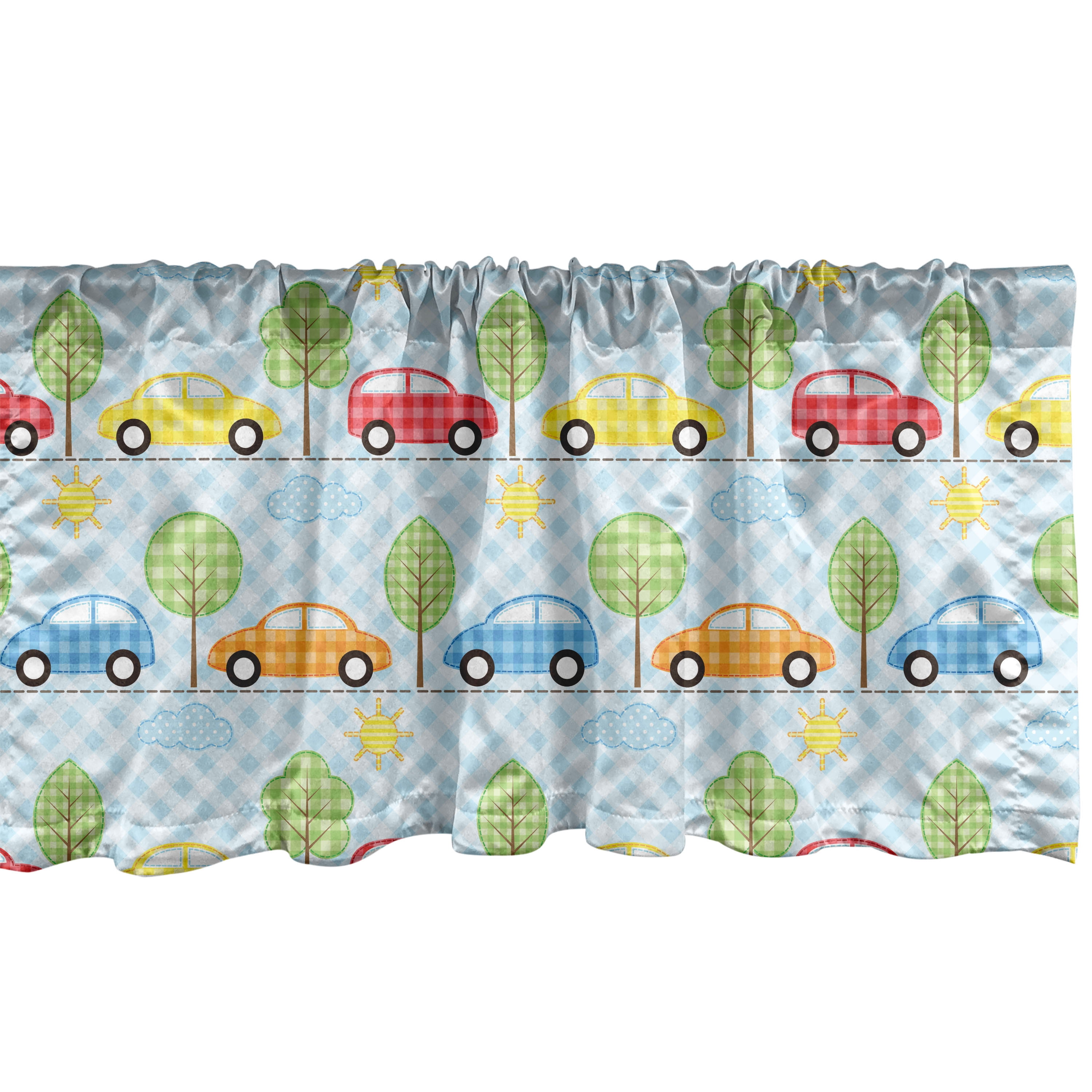 Ambesonne Cartoon Window Valance, Checkered Cars with Trees, 54" X 12 ...