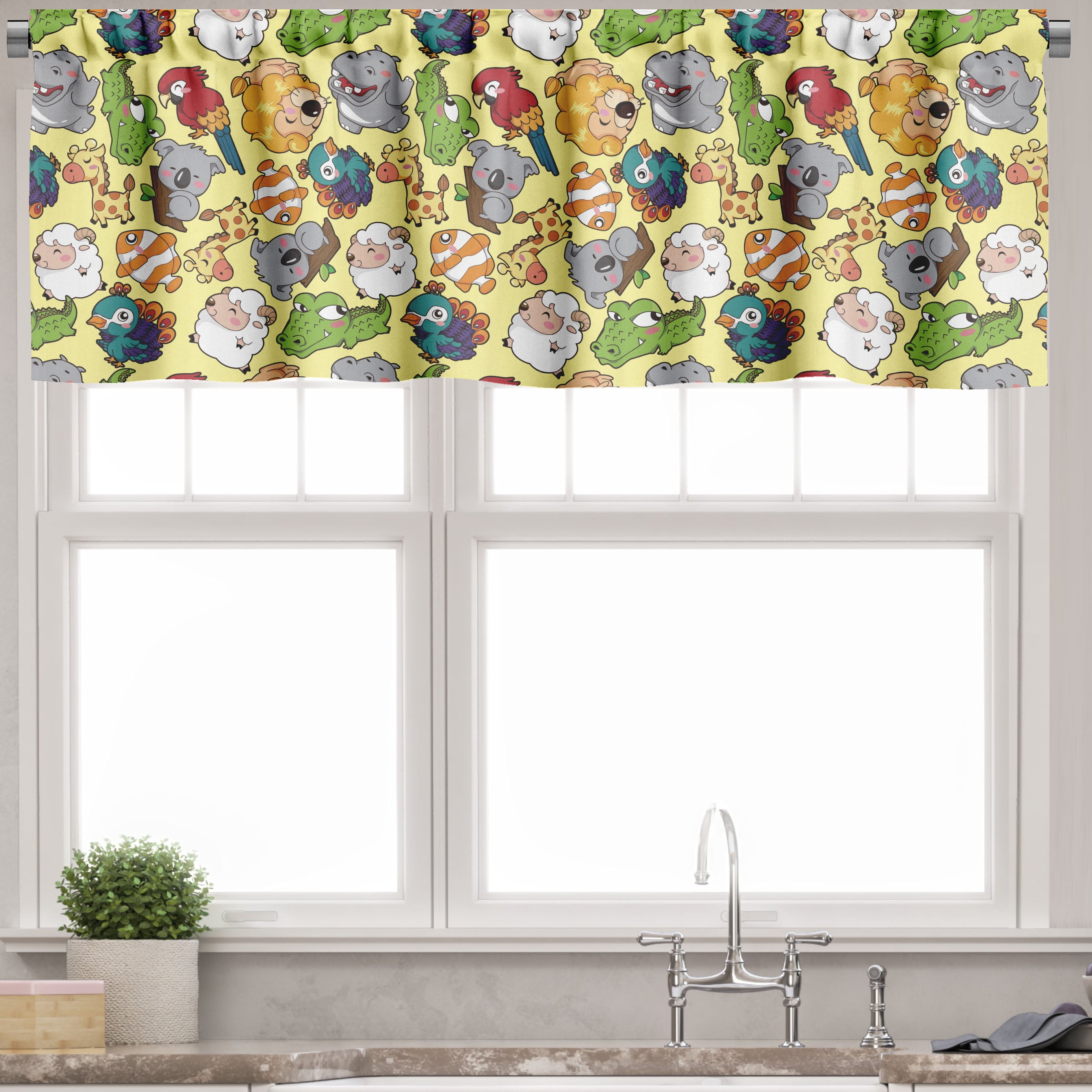 Ambesonne Cartoon Window Valance, Hippo Giraffe Koala, 54" X 12 ...