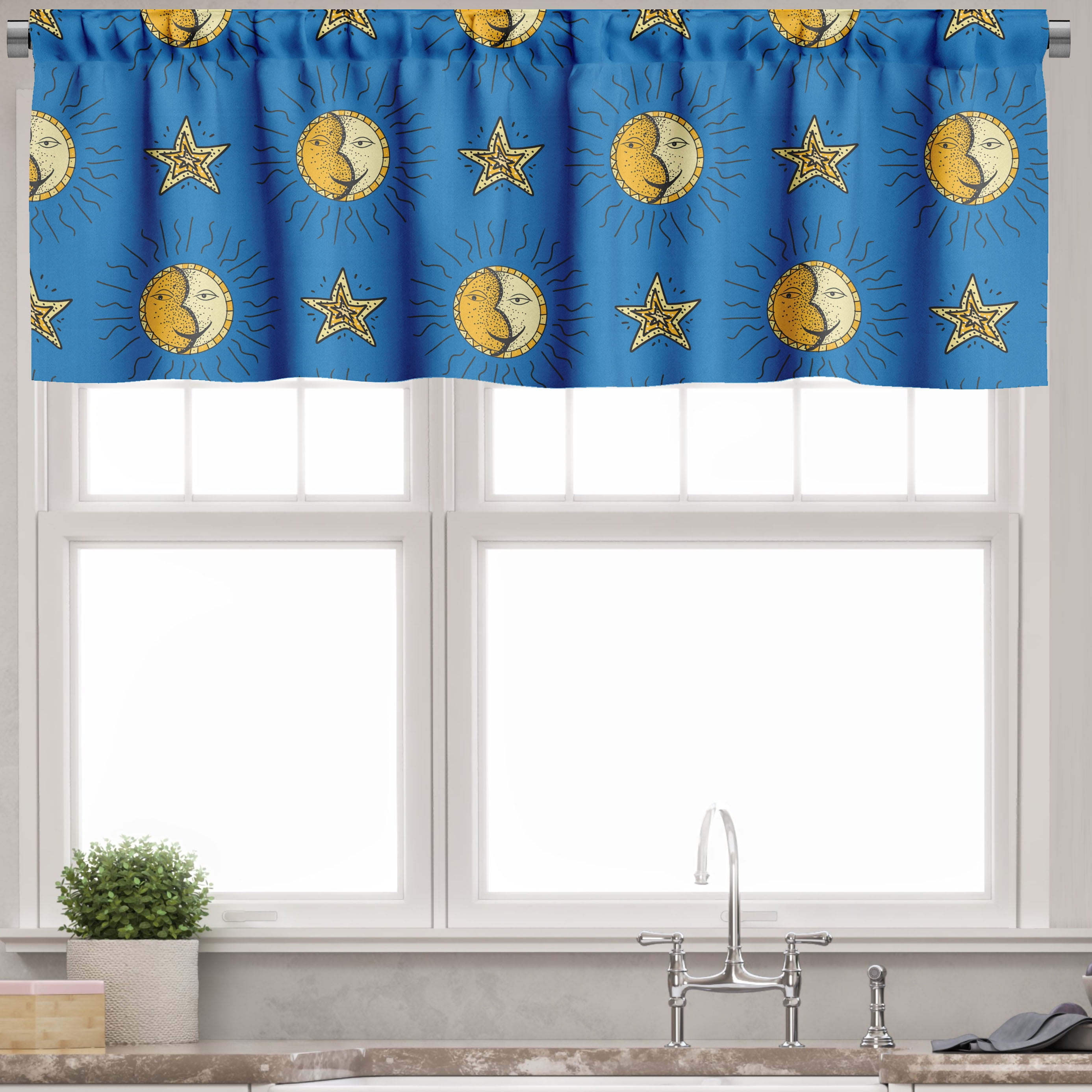 Ambesonne Cartoon Window Valance, Sun and Moon Phases Layout, 54" X 12 ...