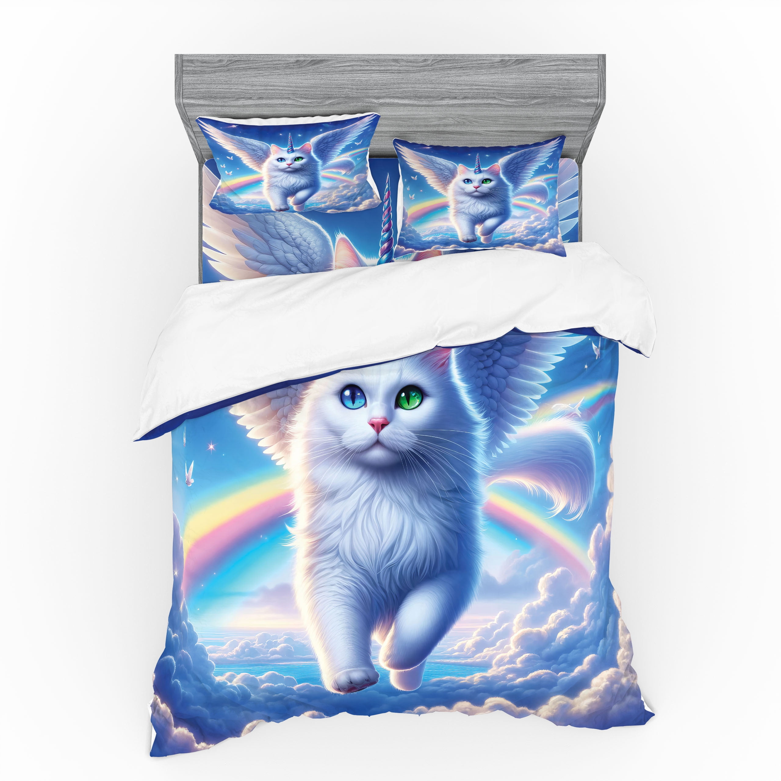 Ambesonne Cat Bedding Set 4 Pcs, Pegasus Kitty Flies Clouds Sky, Queen ...
