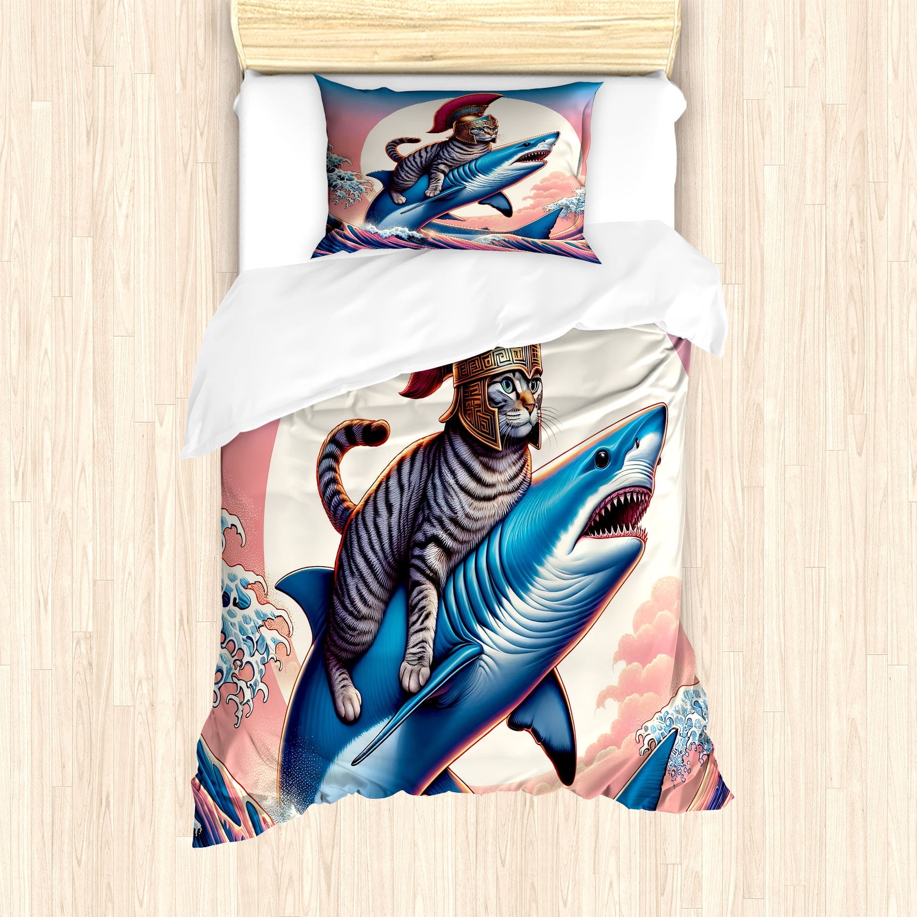 Ambesonne Cat Duvet Cover Set, Ancient Greek Kitty on Shark, Twin, Blue ...