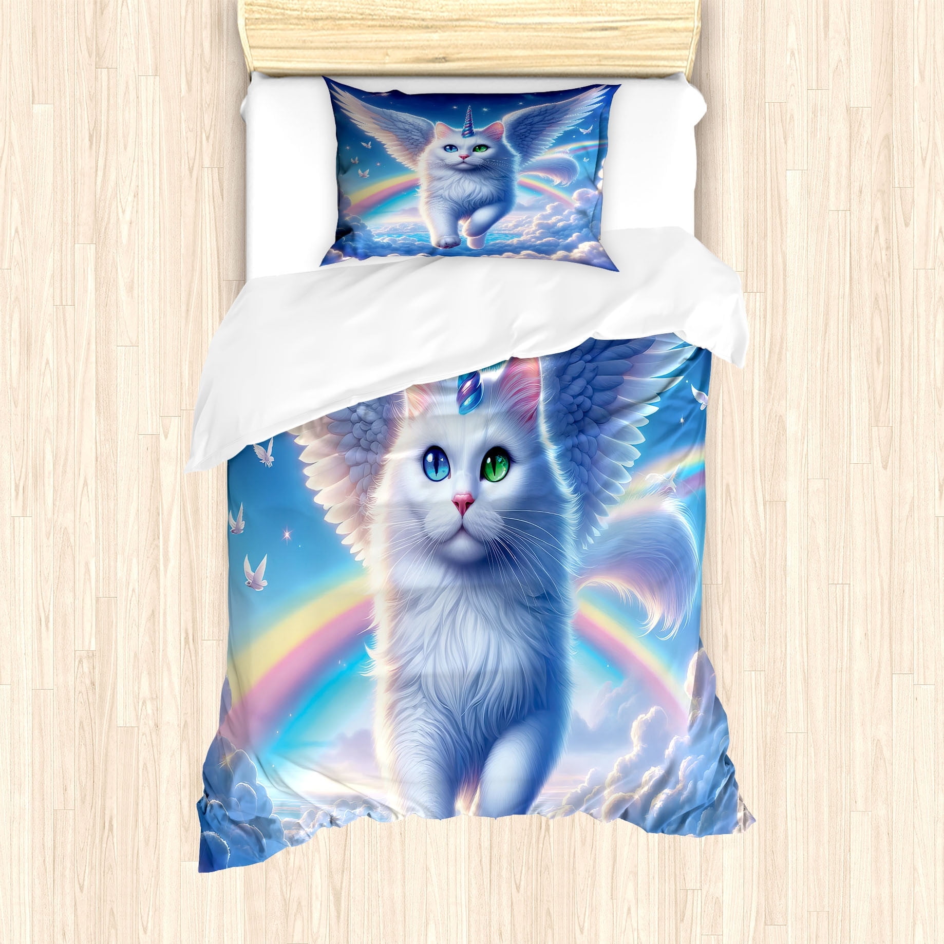 Ambesonne Cat Duvet Cover Set, Pegasus Kitty Flies Clouds Sky, Twin ...