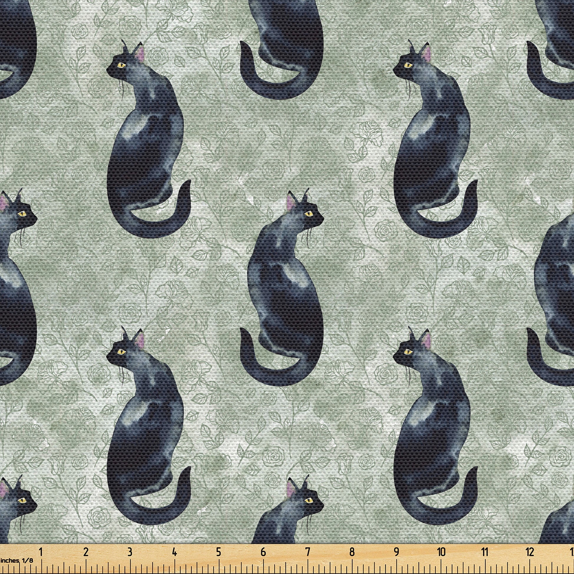 Ambesonne Cat Fabric by the Yard Upholstery, Ivy Branches Art Kitty ...