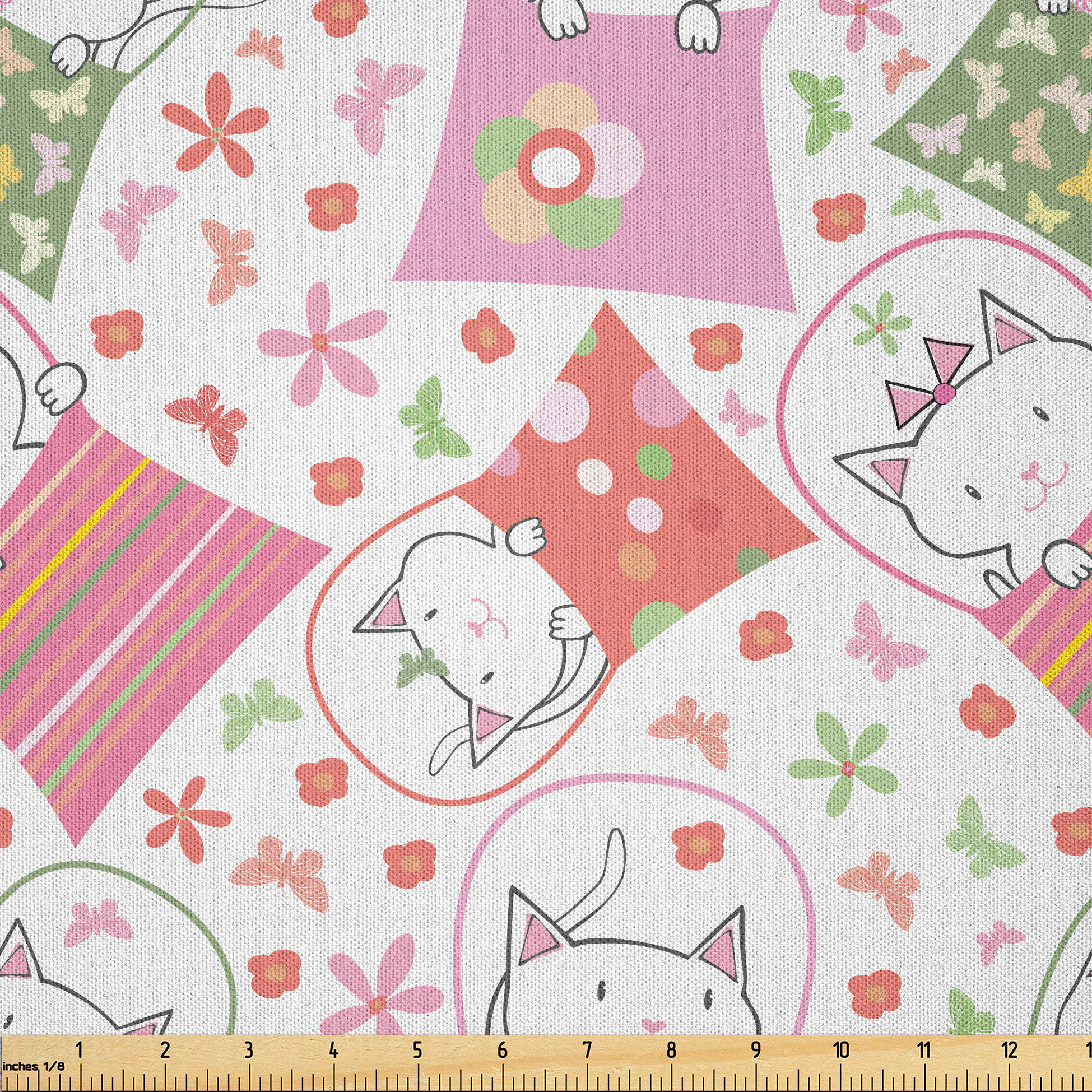 Ambesonne Cat Fabric by the Yard Microfiber, Cartoon Kitten in a Basket ...